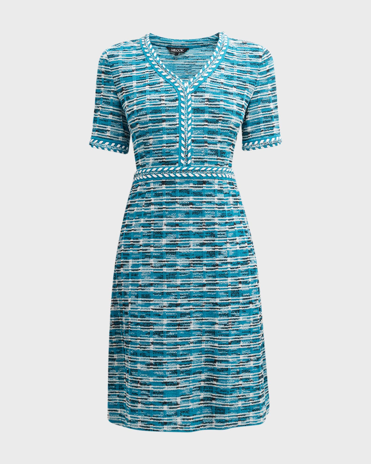 Misook Braided-Trim Tweed Knit Midi Dress | Neiman Marcus
