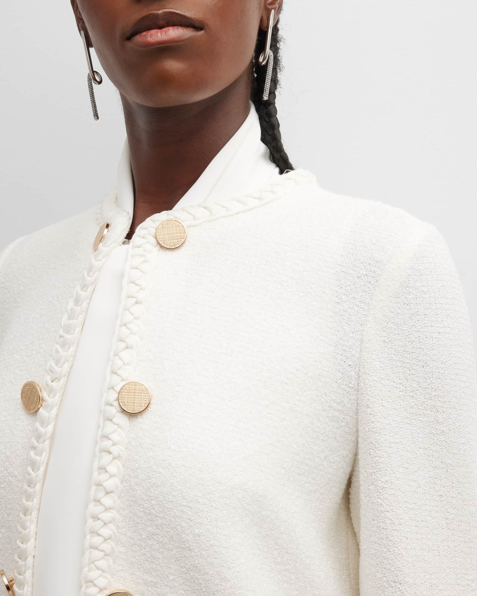 Misook Button-Front Braided-Trim Tweed Jacket | Neiman Marcus