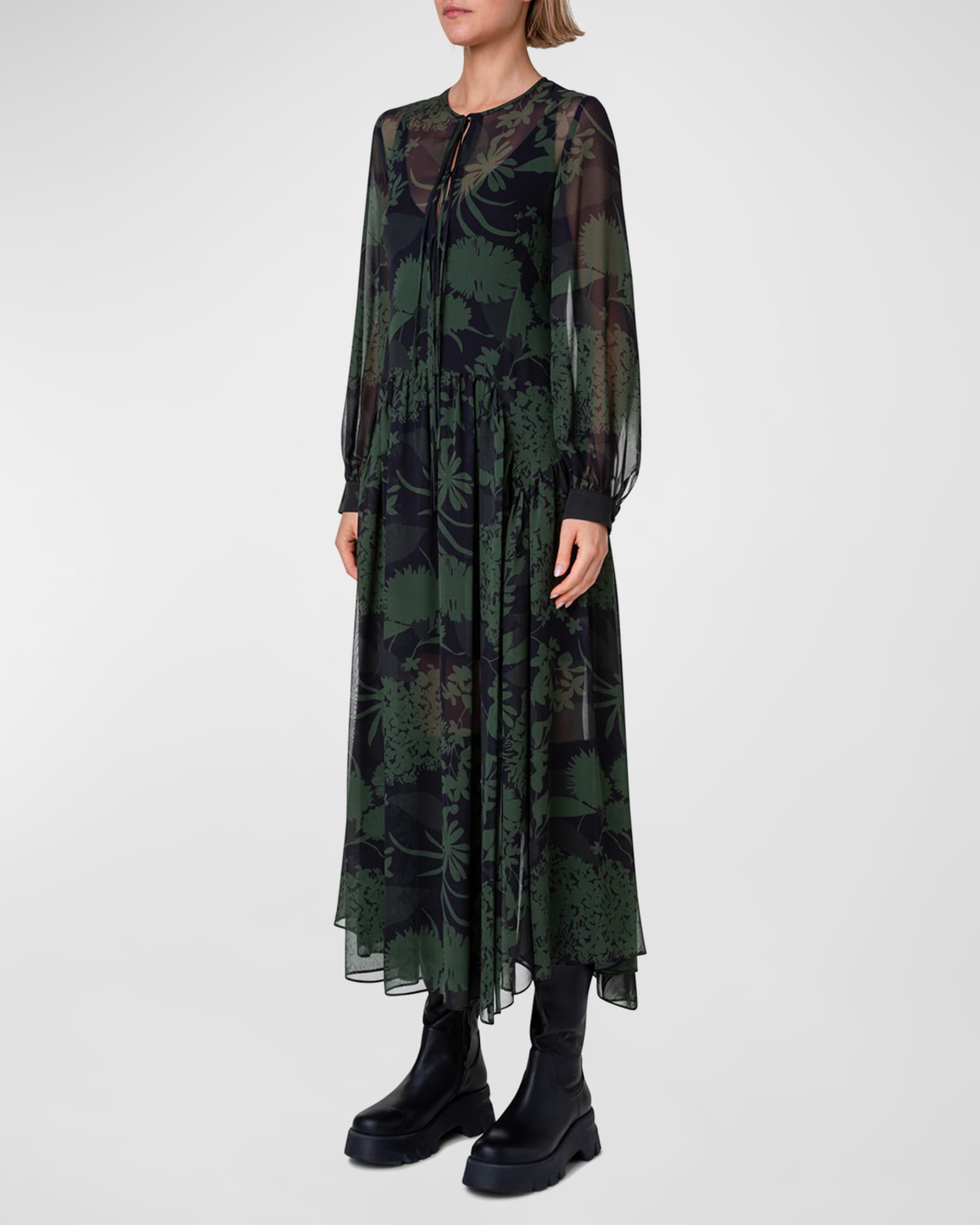 Akris Abraham Flower-Print Gathered Silk Georgette Maxi Dress | Neiman ...