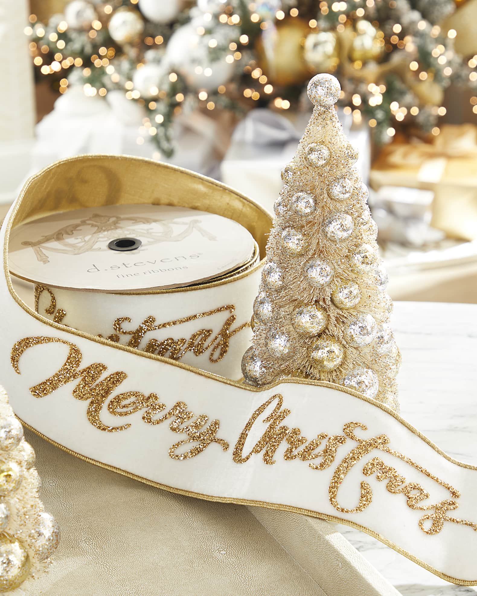 D. Stevens Merry Christmas Ribbon, 4"W x 10 Yards | Neiman Marcus