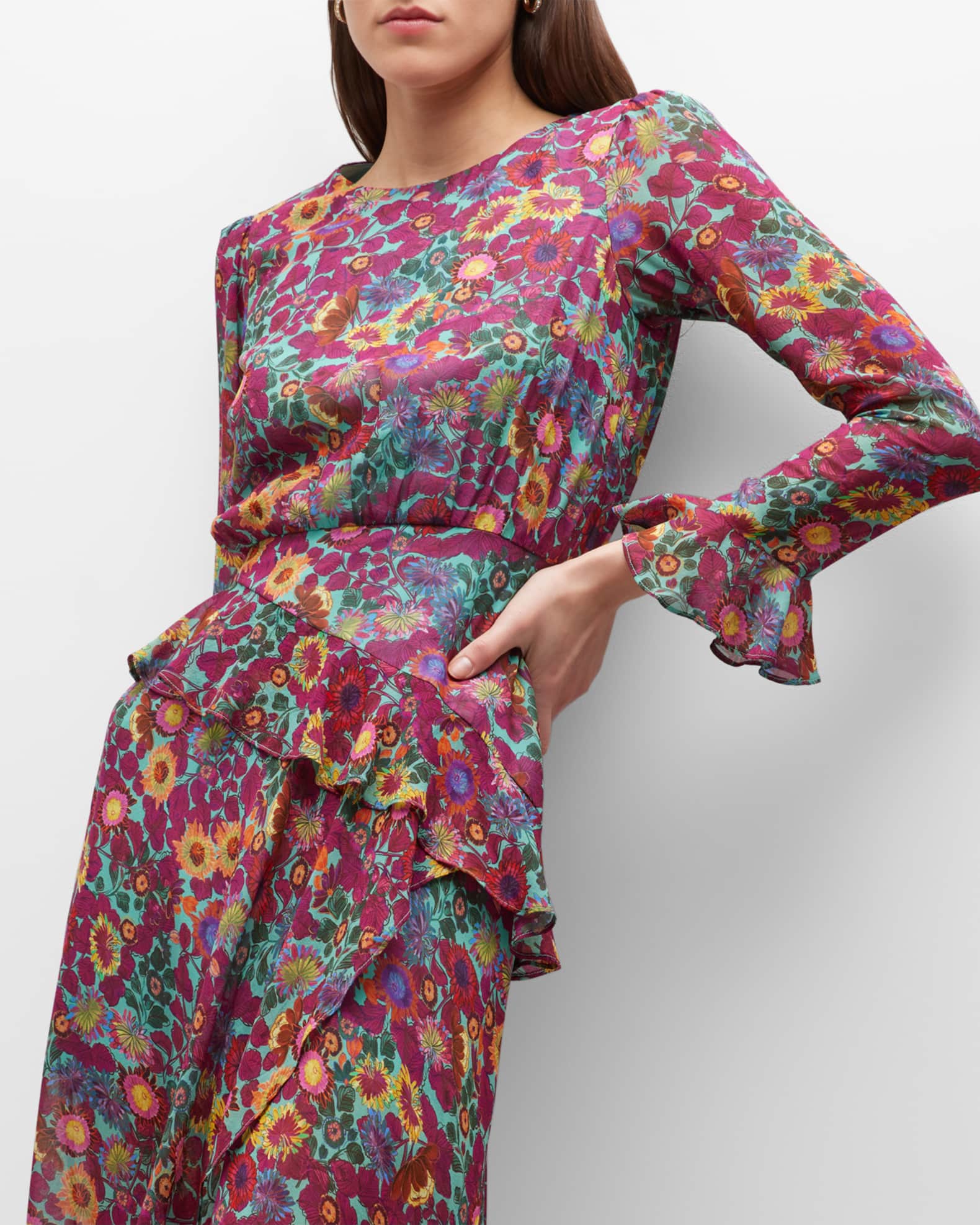Saloni Jolene Floral Silk Long Ruffle Dress | Neiman Marcus
