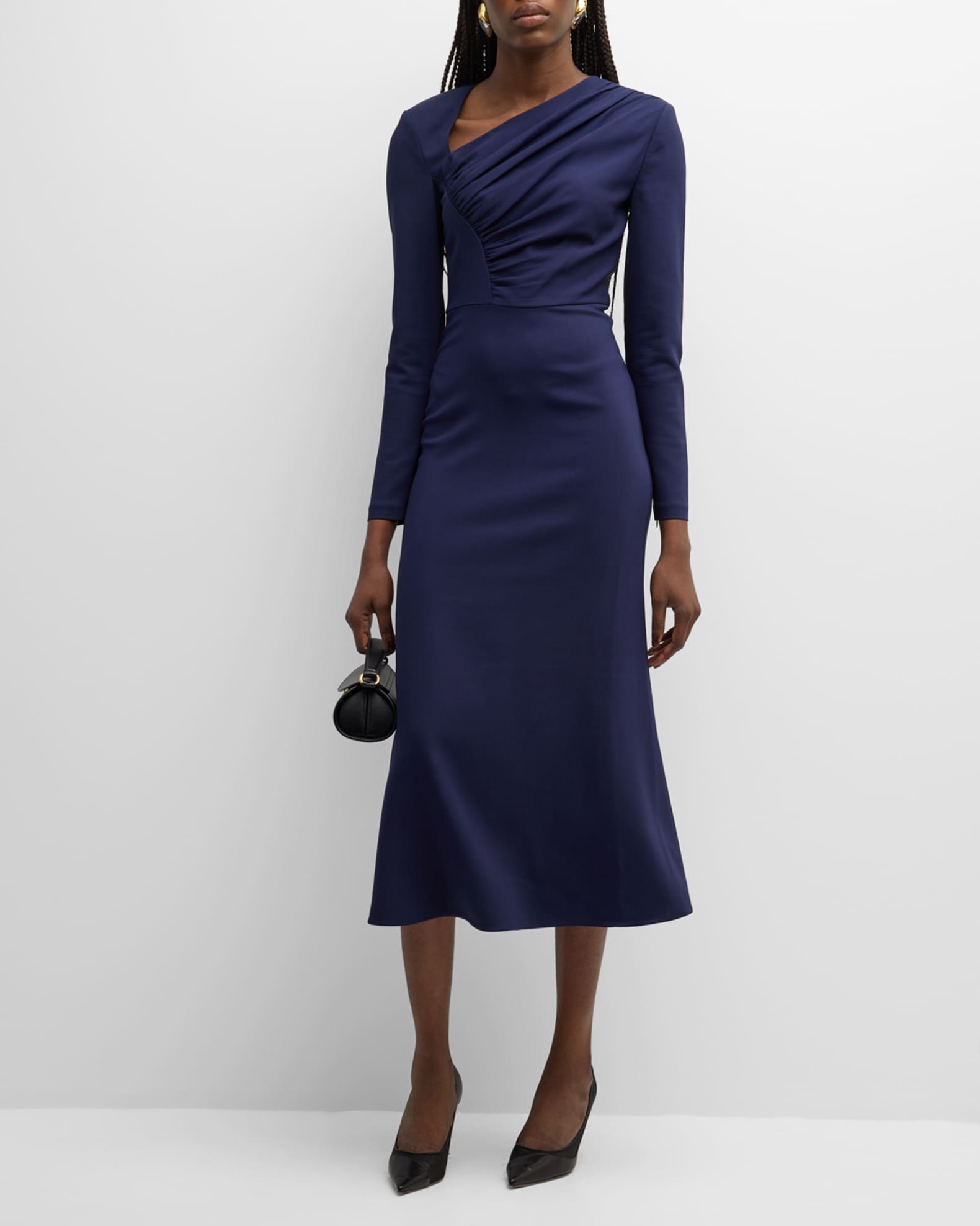Roland Mouret Ruched Long-Sleeve Stretch Cady Midi Dress | Neiman Marcus