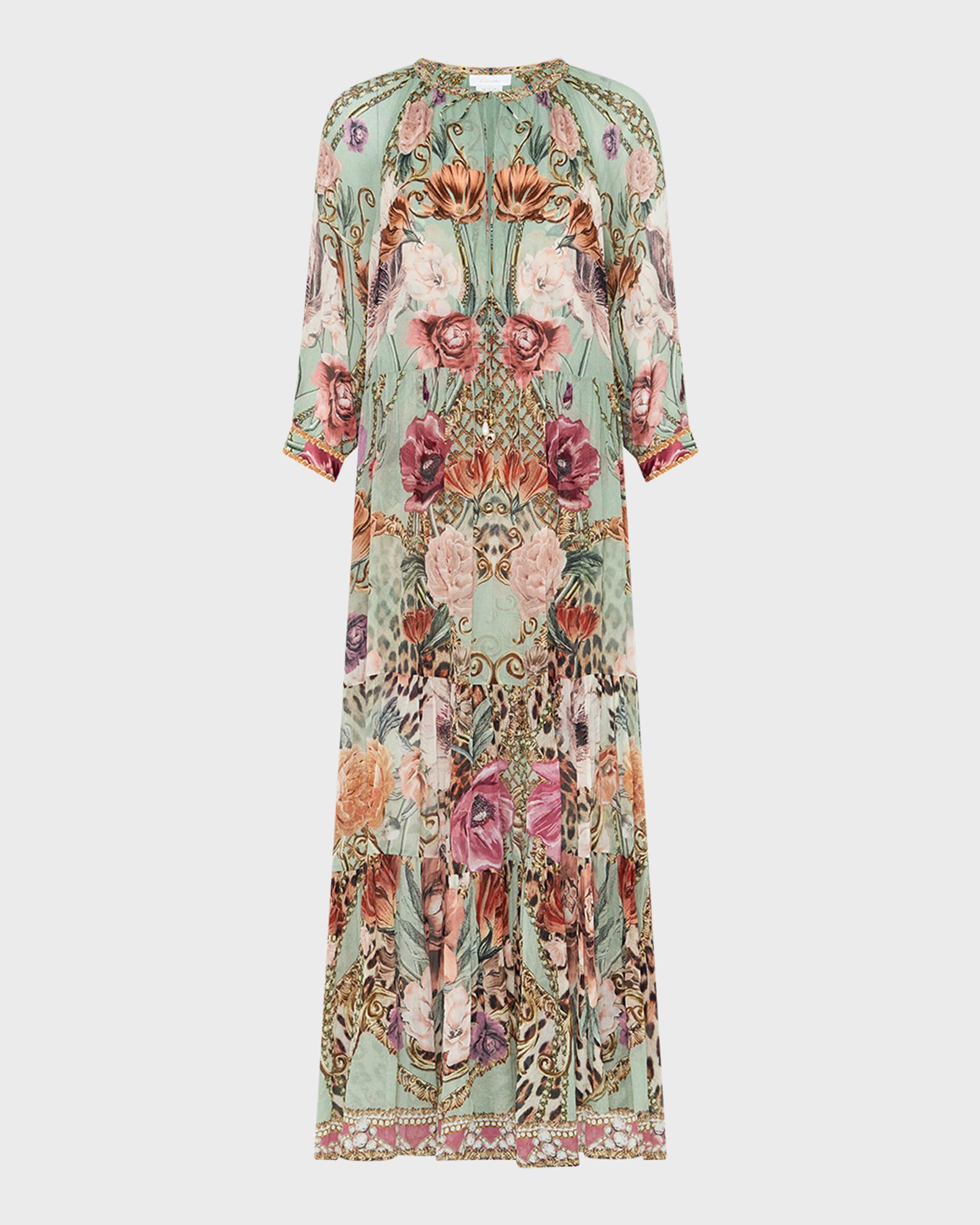 Camilla Grow & Glow Long Gathered Paneled Floral Silk Dress | Neiman Marcus