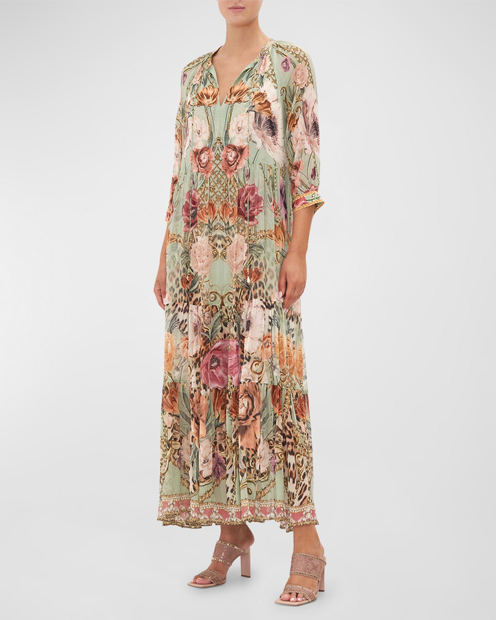 Camilla Grow & Glow Long Gathered Paneled Floral Silk Dress | Neiman Marcus