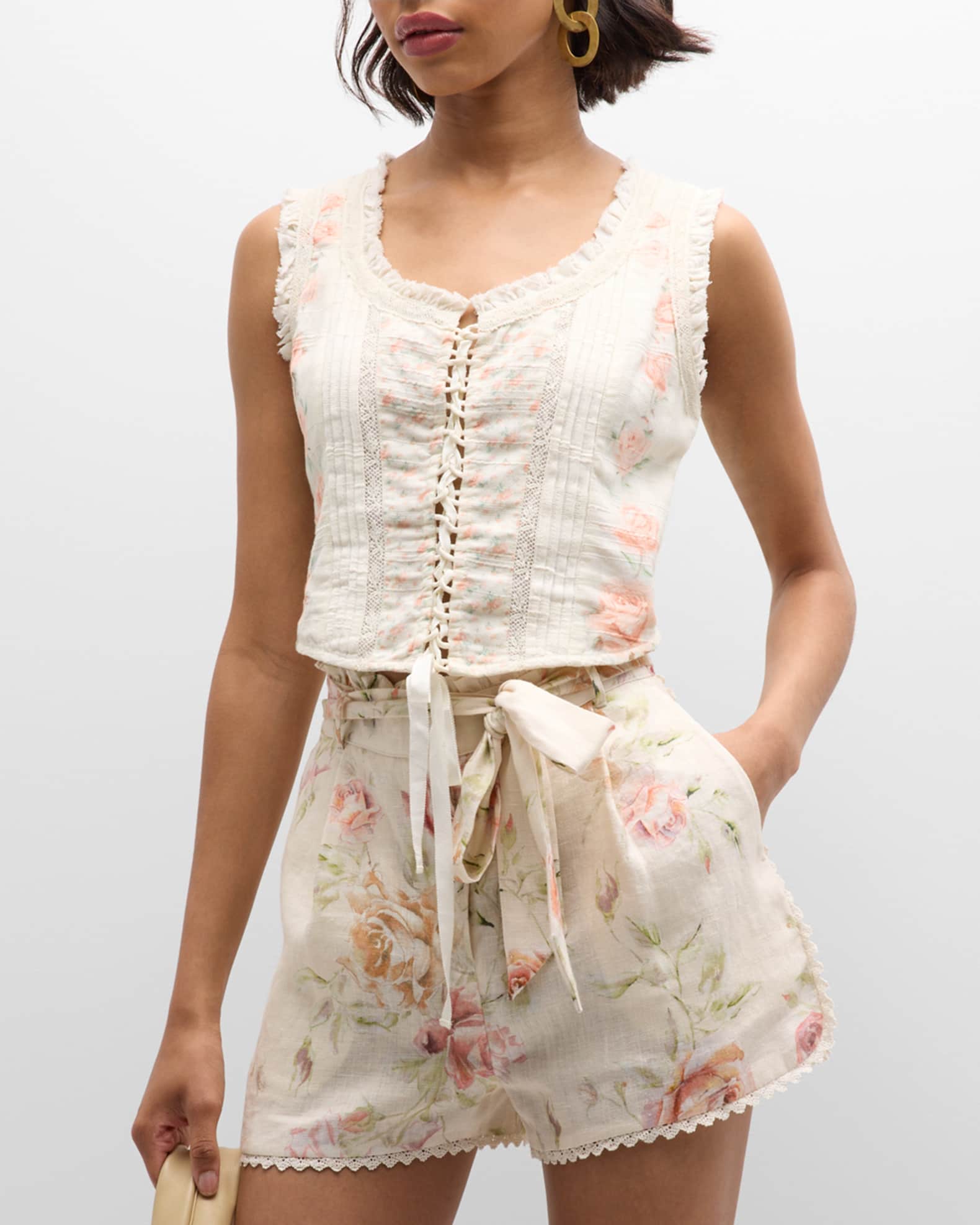 LoveShackFancy Corvelle Lace-Up Floral Bustier Top | Neiman Marcus