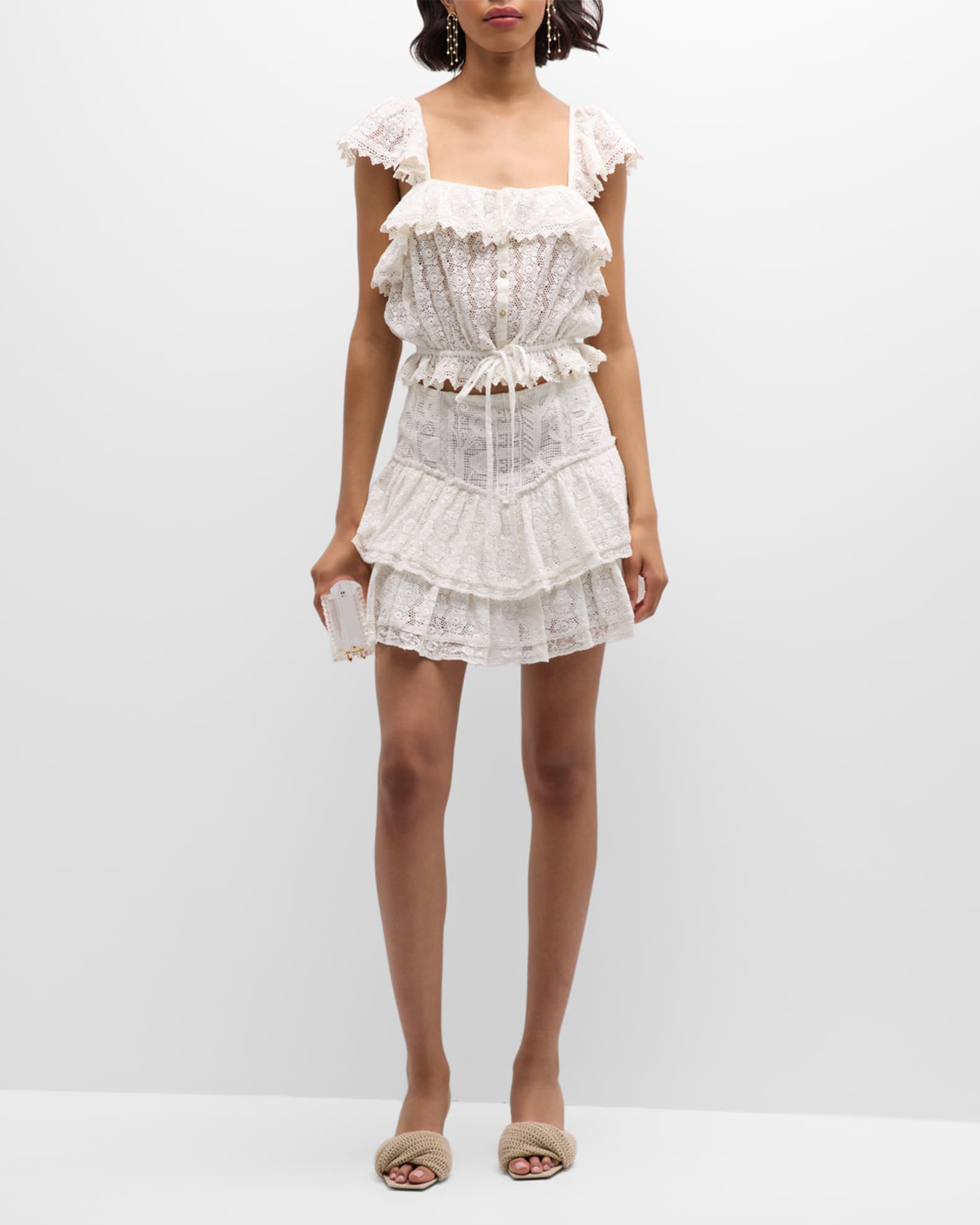 LoveShackFancy Mia Lace Drawstring-Waist Crop Top | Neiman Marcus