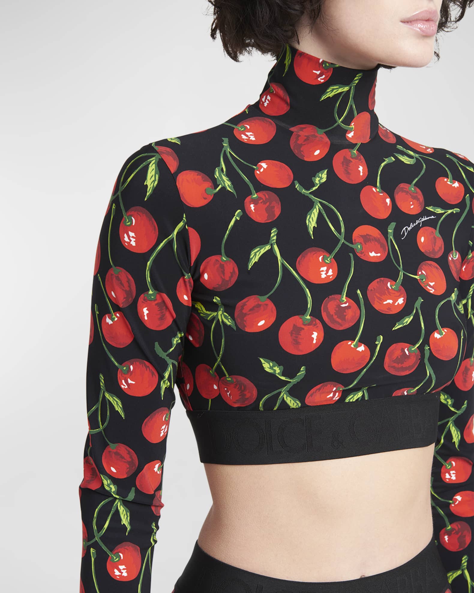 Dolce&Gabbana Cherry-Print Long-Sleeve Crop Top | Neiman Marcus