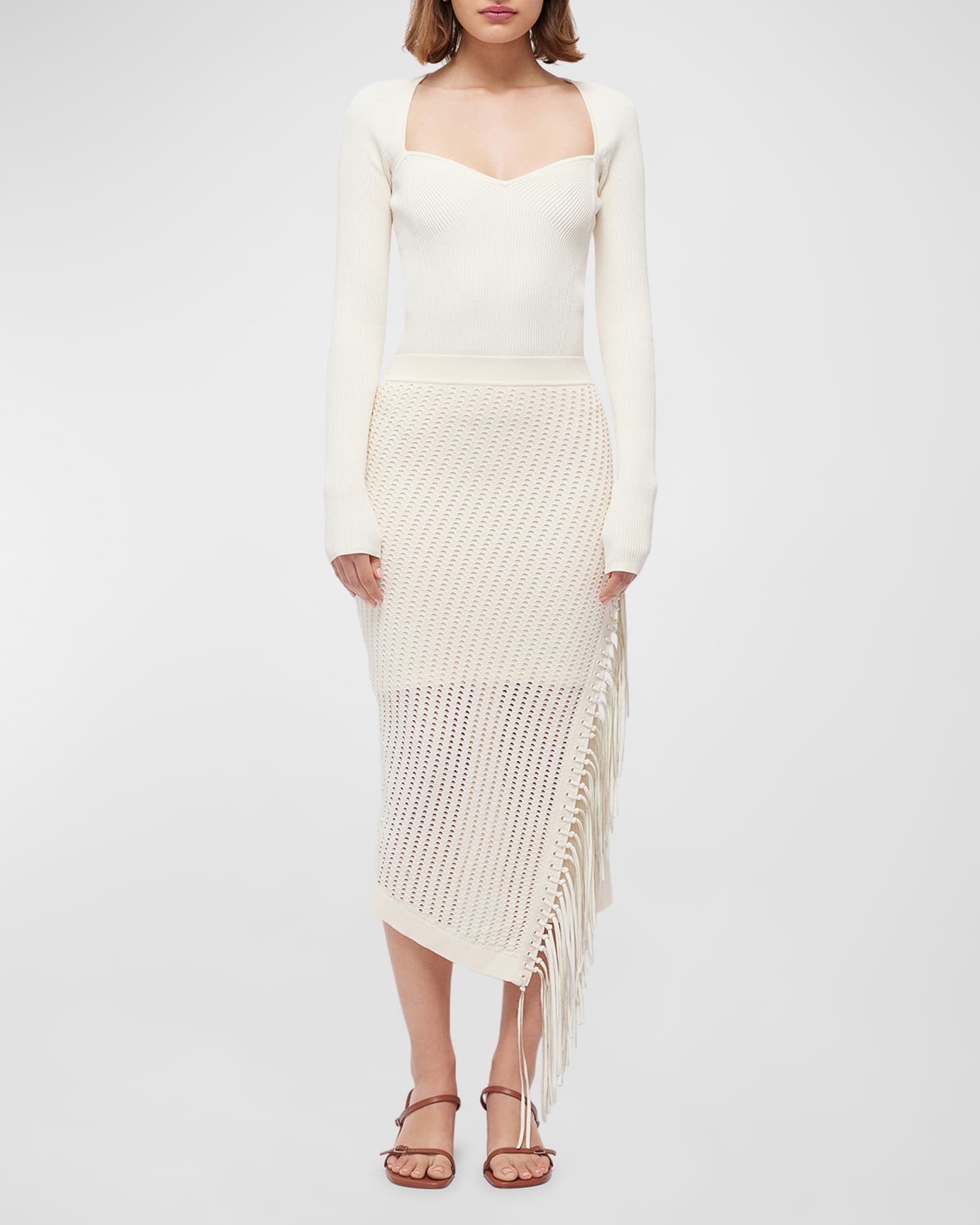 SIMKHAI Giuliana Long-Sleeve Rib-Knit Sweetheart Top | Neiman Marcus