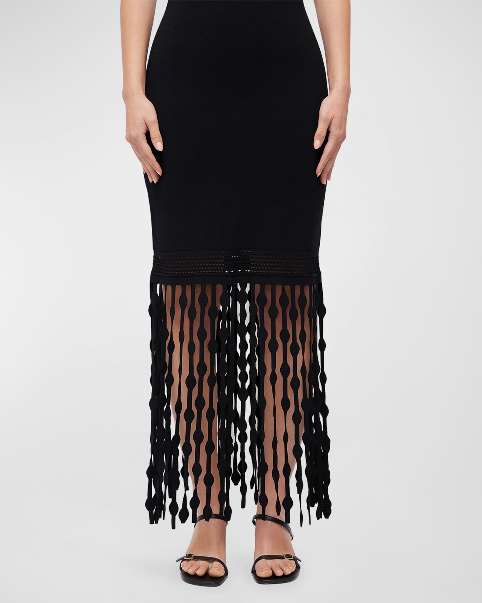 SIMKHAI Signa Sleeveless Lattice Fringe Midi Dress | Neiman Marcus
