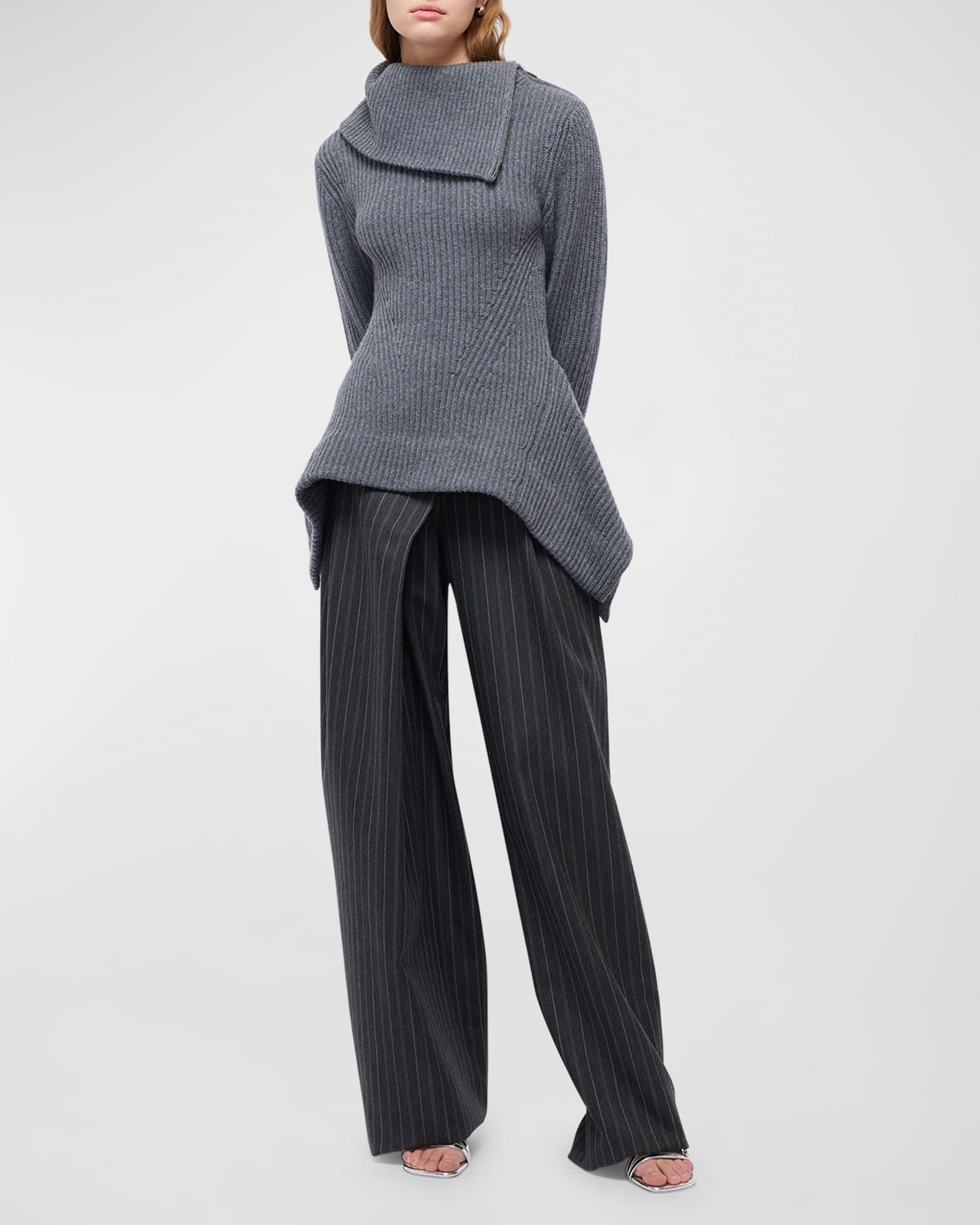 SIMKHAI Keyara Wool Cashmere Foldover Collar Peplum Sweater | Neiman Marcus