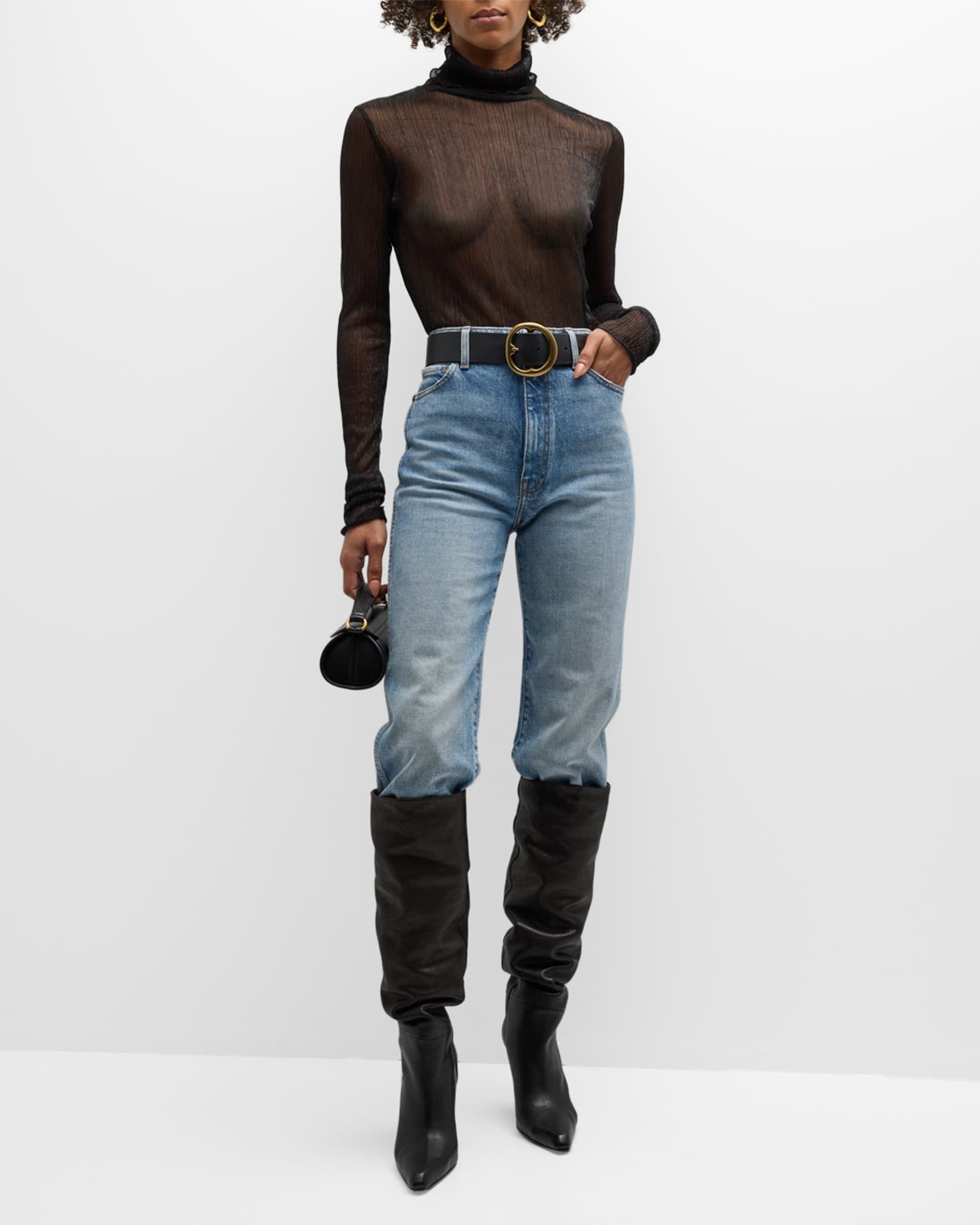 RECTO Sparkly Sheer Pleated Turtleneck Top | Neiman Marcus