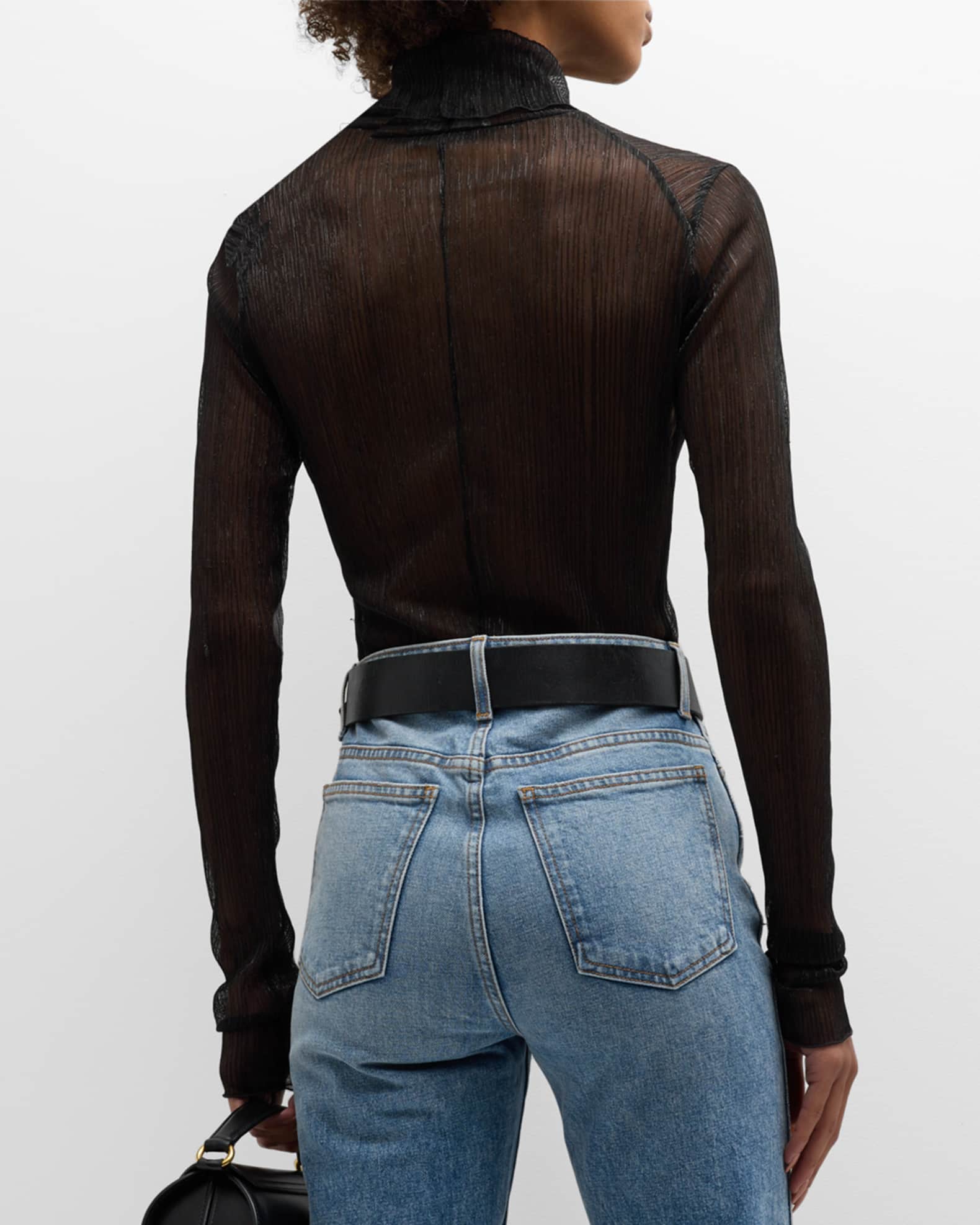 RECTO Sparkly Sheer Pleated Turtleneck Top | Neiman Marcus