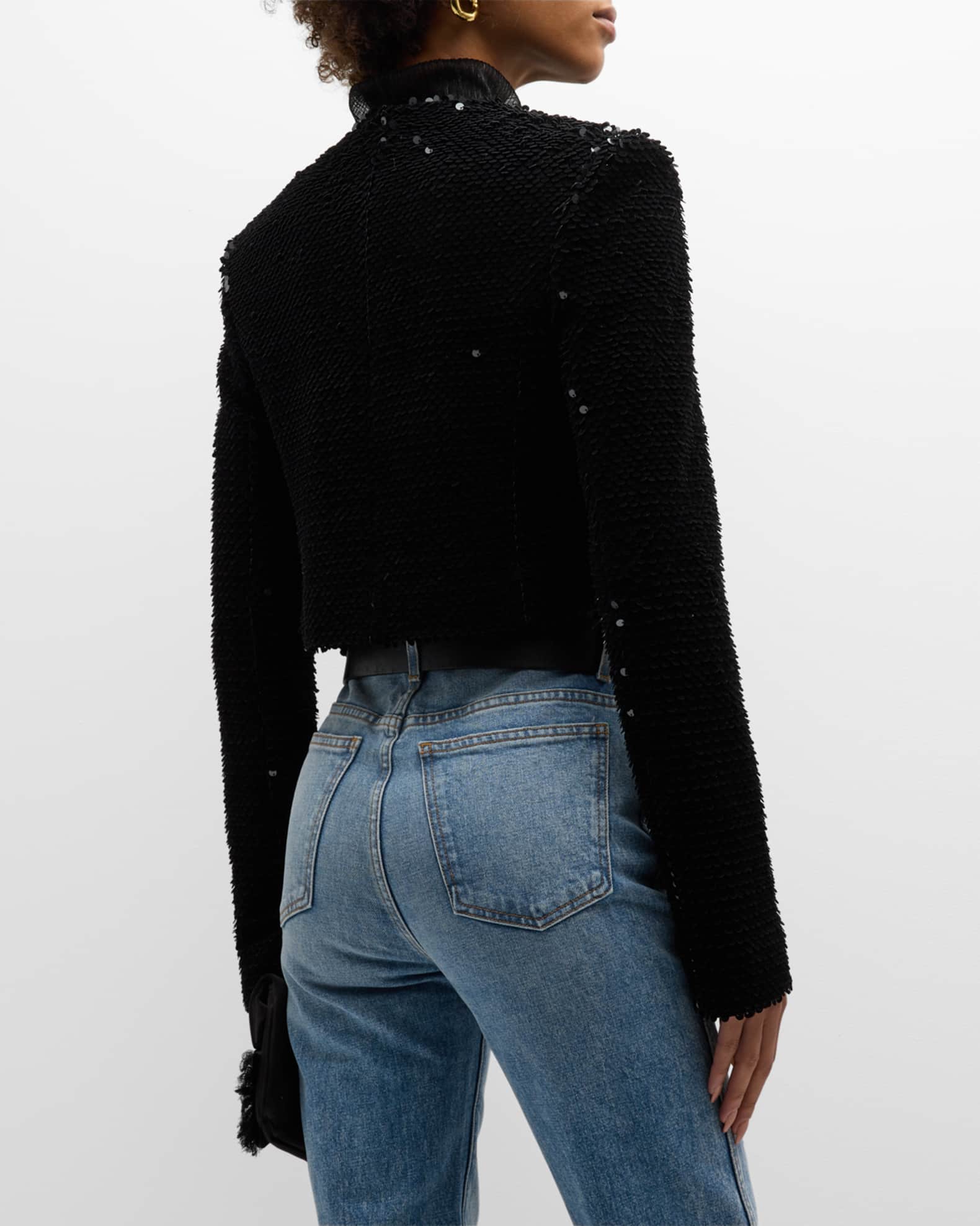 RECTO Open Front Velvet-Sequin Crop Jacket | Neiman Marcus