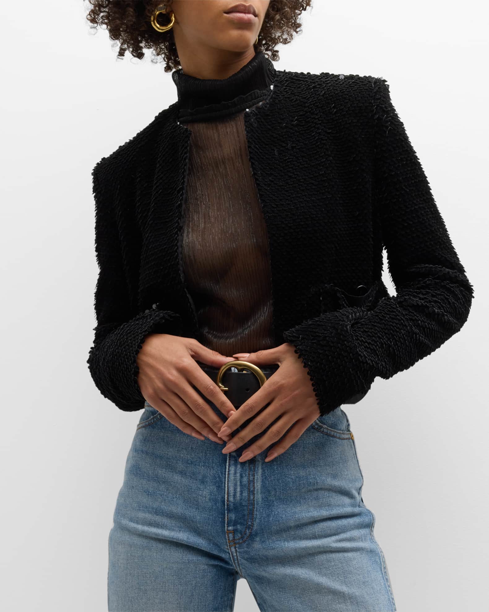 RECTO Open Front Velvet-Sequin Crop Jacket | Neiman Marcus