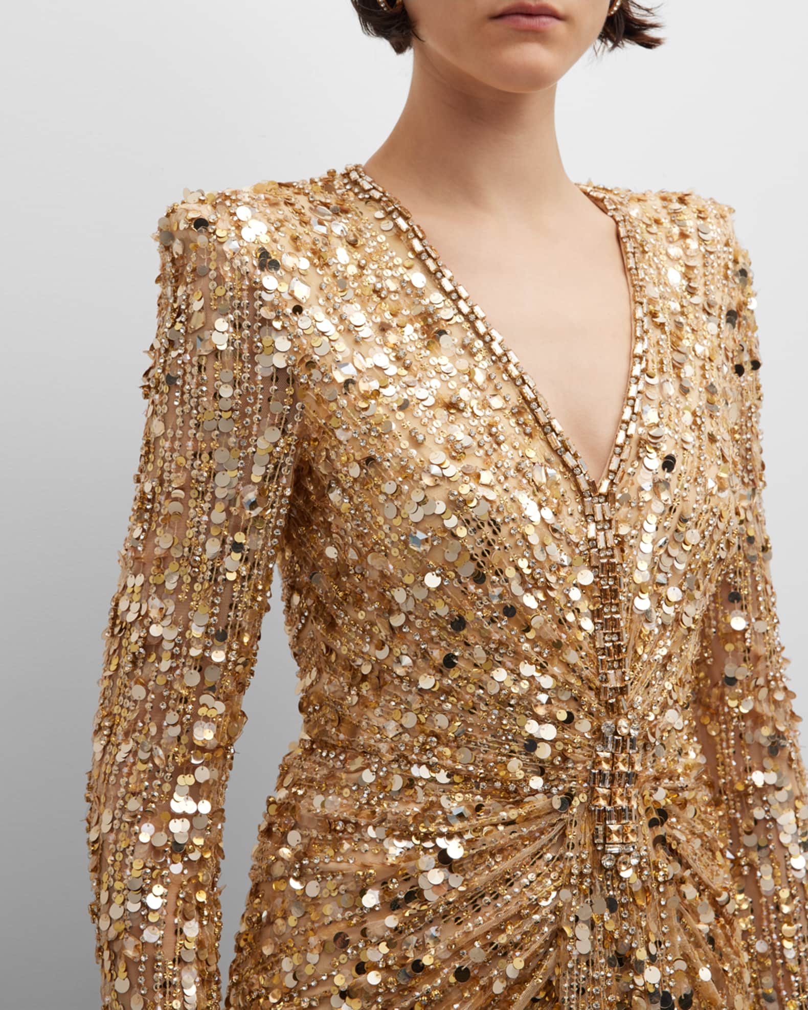 Jenny Packham Imani Beaded Plunging Strong-Shoulder Gown | Neiman Marcus