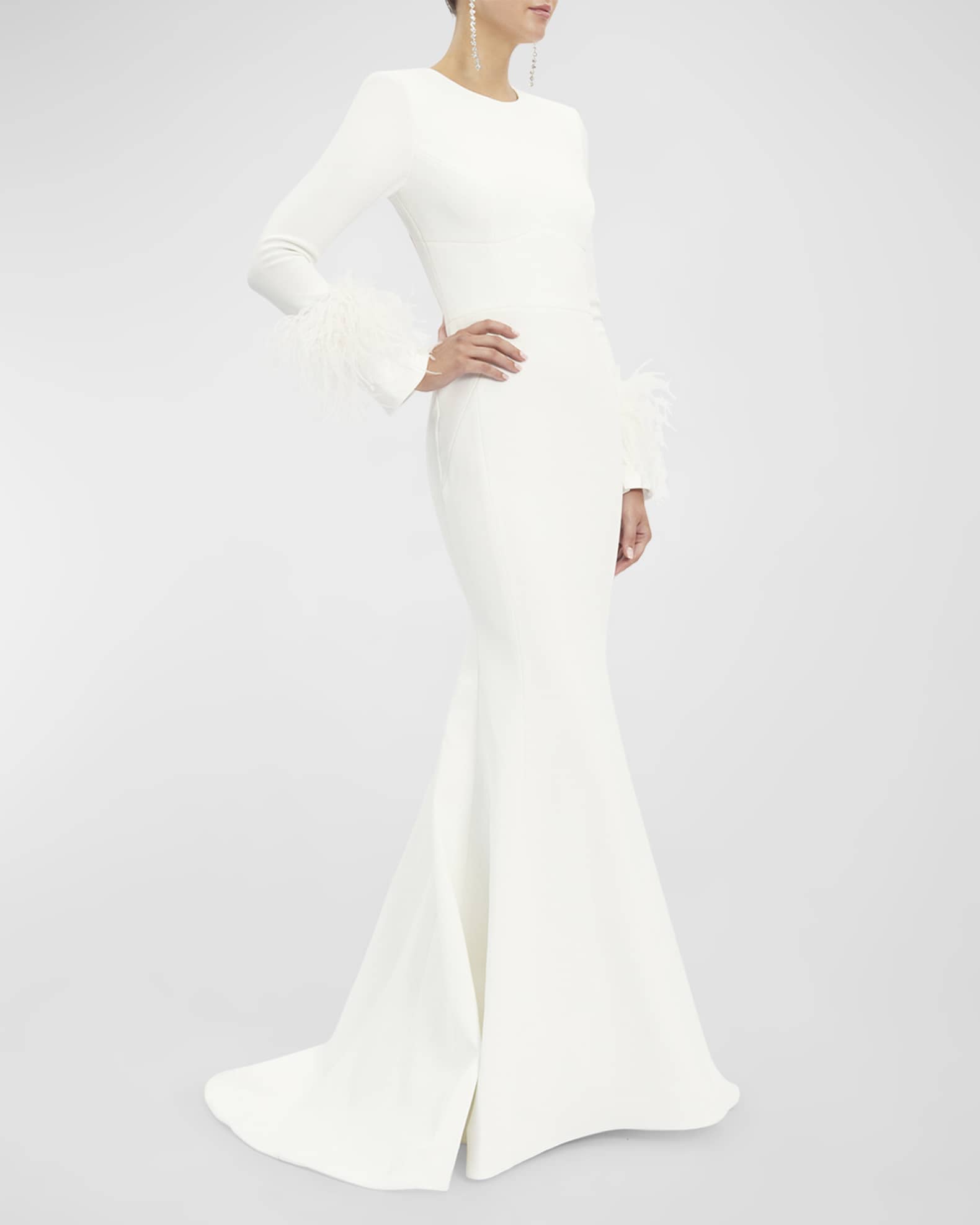 REBECCA VALLANCE Plume Feather-Trim Open-Back Crepe Gown | Neiman Marcus