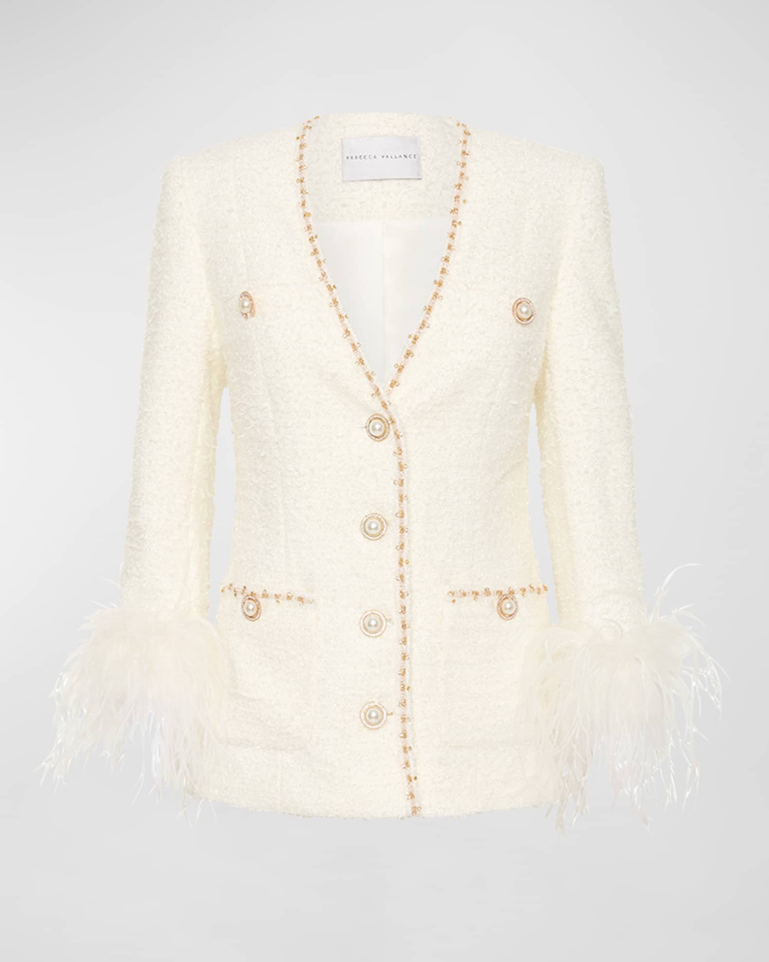 REBECCA VALLANCE The Departure Feather-Trim Tweed Blazer | Neiman Marcus