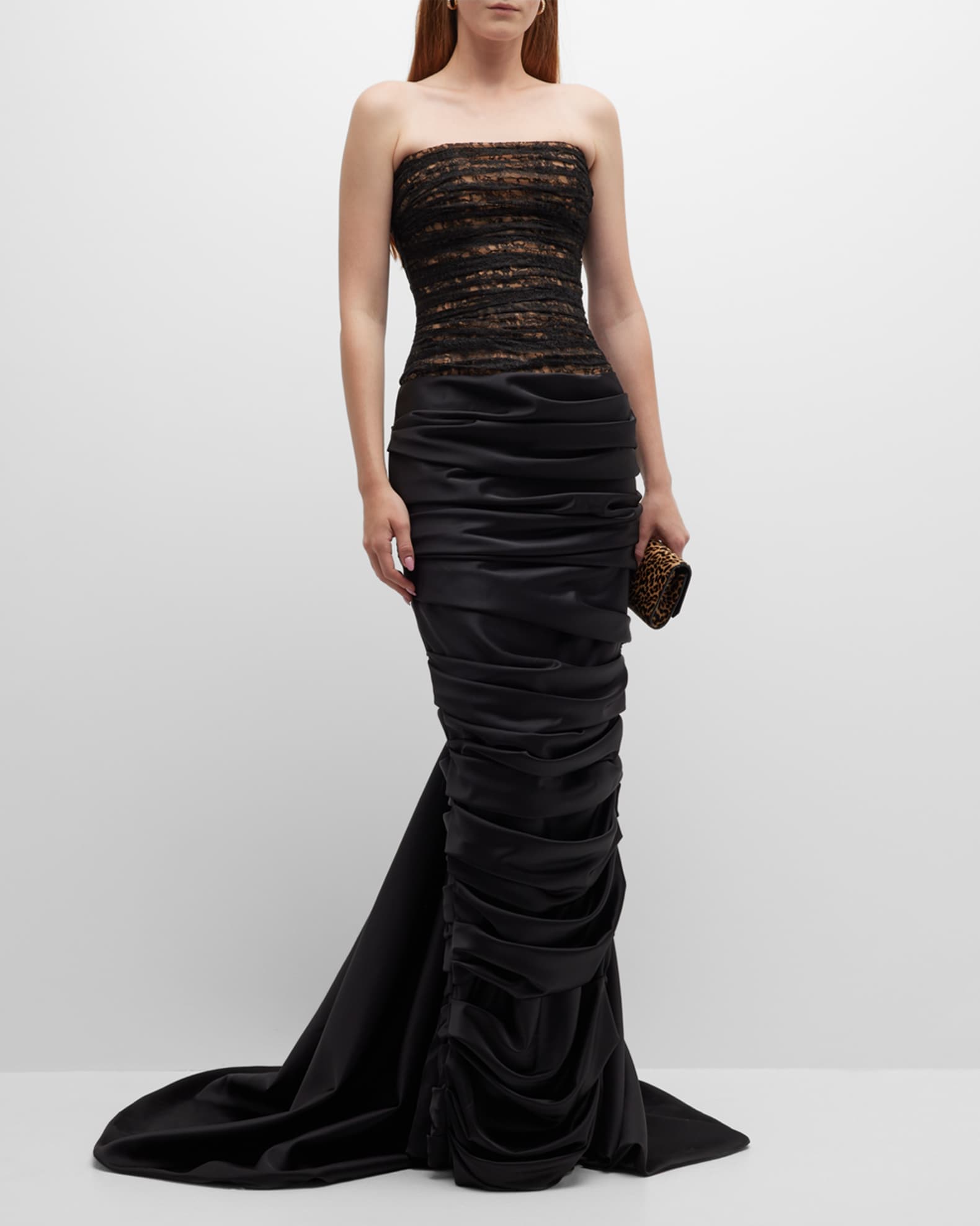 Rasario Mixed-Media Draped Strapless Gown With Train | Neiman Marcus