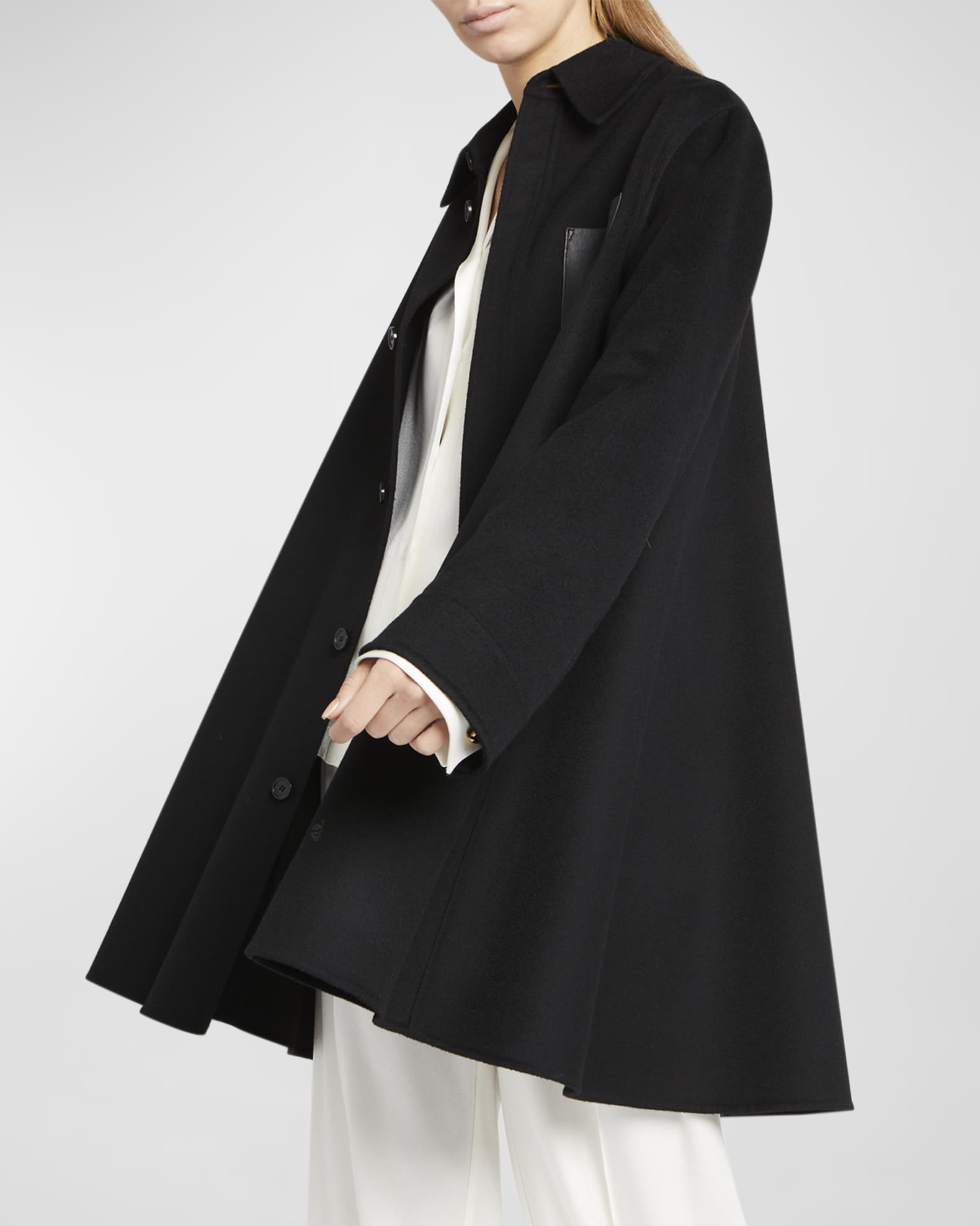 Loewe Anagram Leather-Pocket Wool Trapeze Coat | Neiman Marcus