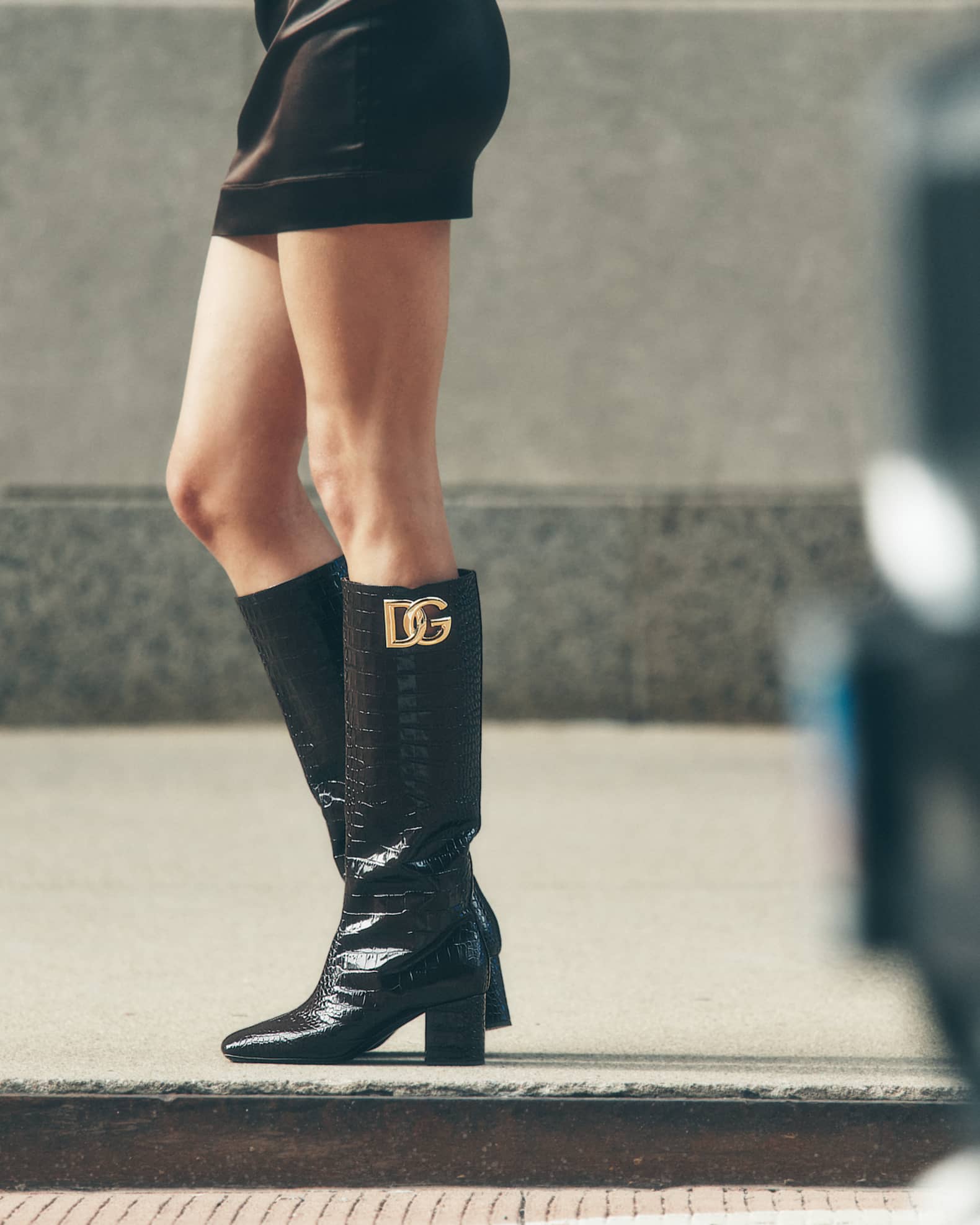 Dolce&Gabbana DG Medallion Croco Knee Boots | Neiman Marcus