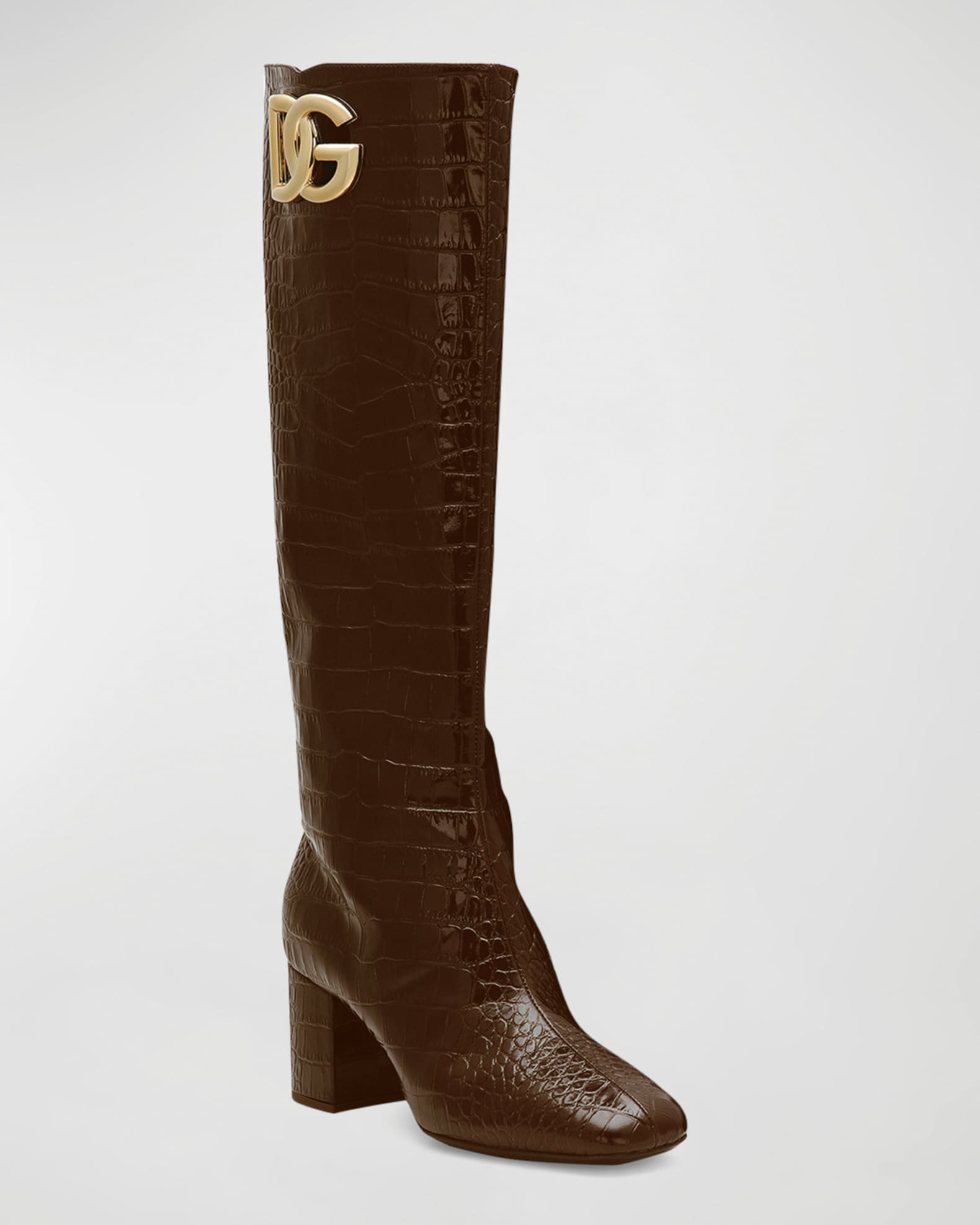 Dolce&Gabbana DG Medallion Croco Knee Boots | Neiman Marcus