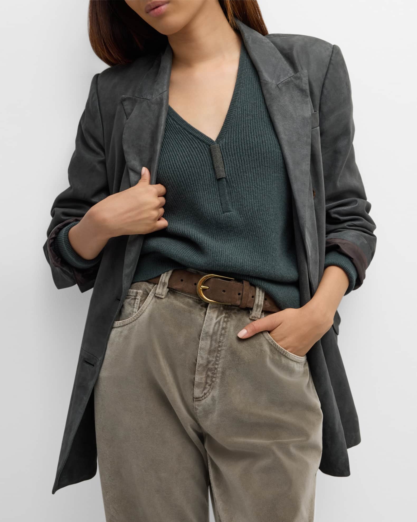 Brunello Cucinelli Shiny Suede Double-Breasted Blazer Jacket | Neiman ...