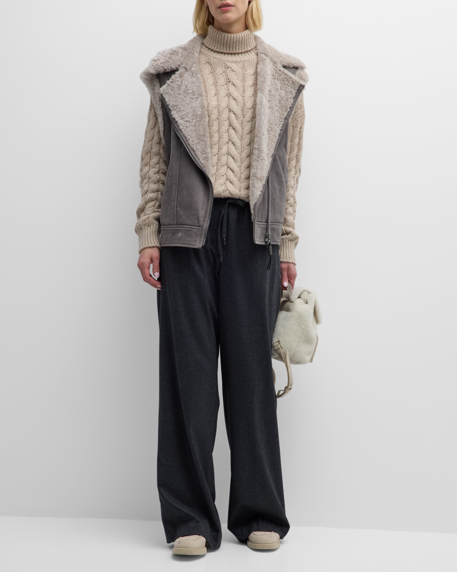 Brunello Cucinelli Suede Moto Vest with Soft Shearling Lining | Neiman ...