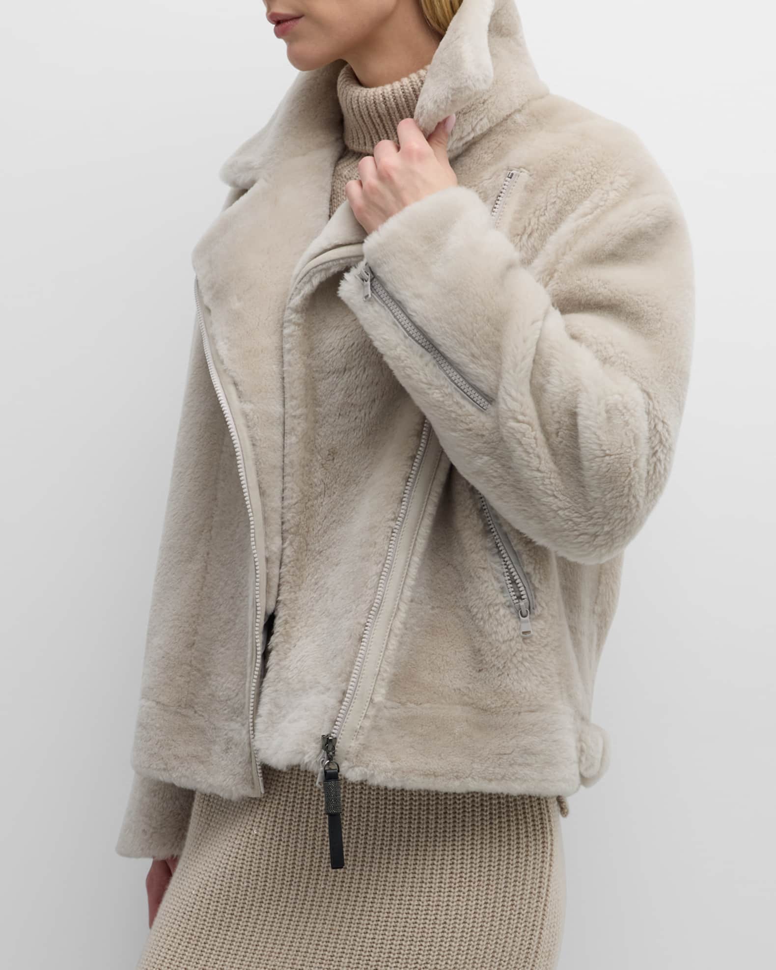 Brunello Cucinelli Lamb Shearling Moto Jacket | Neiman Marcus