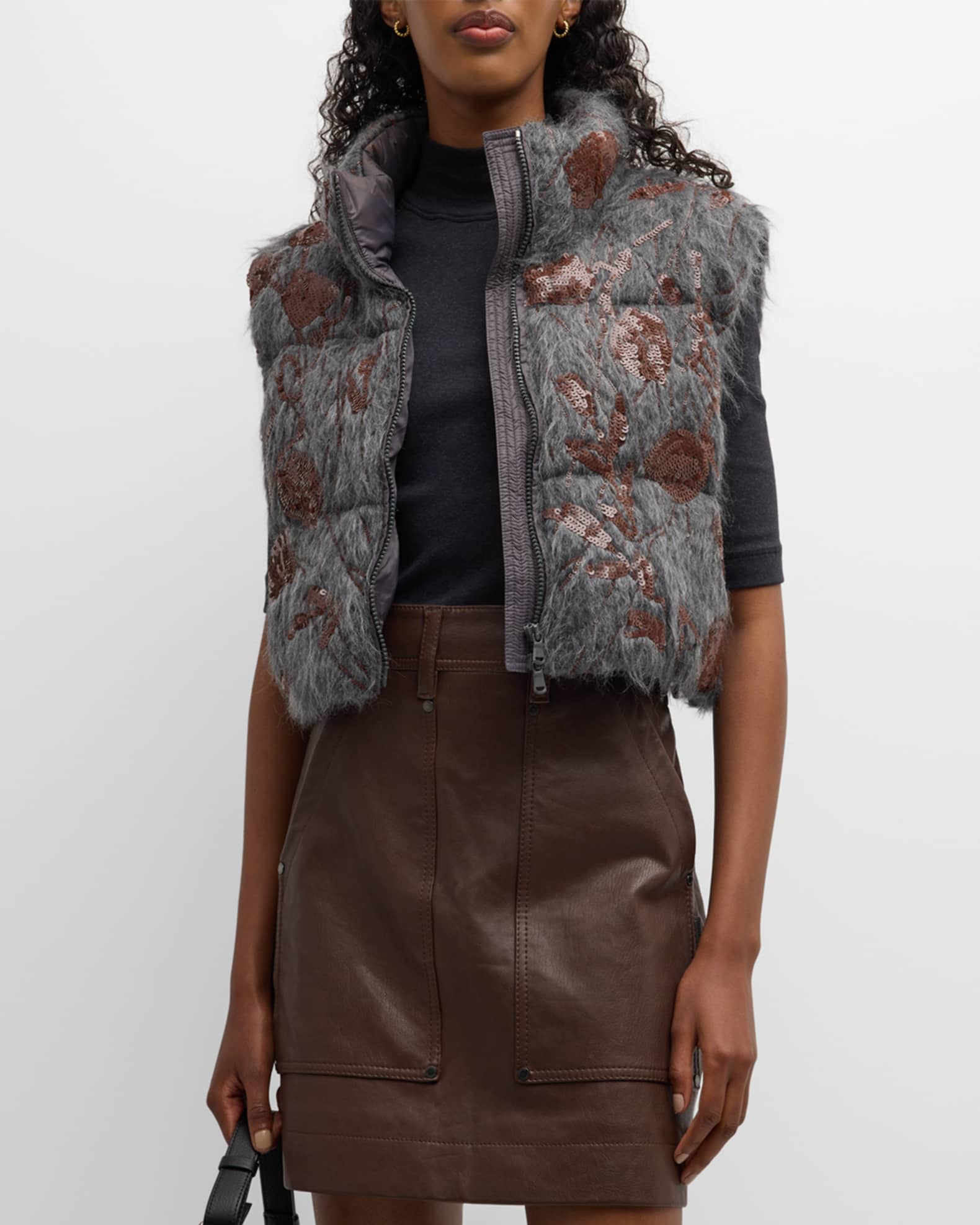 Brunello Cucinelli Mohair-Blend Sequined Cropped Puffer Vest | Neiman Marcus