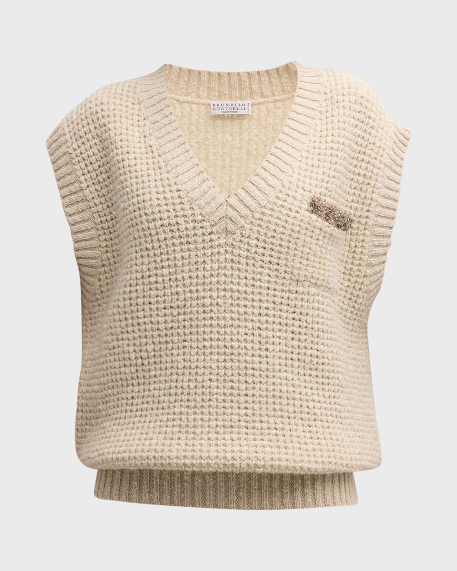Brunello Cucinelli Sequin Beaded V-Neck Cashmere Waffle-Knit Vest ...