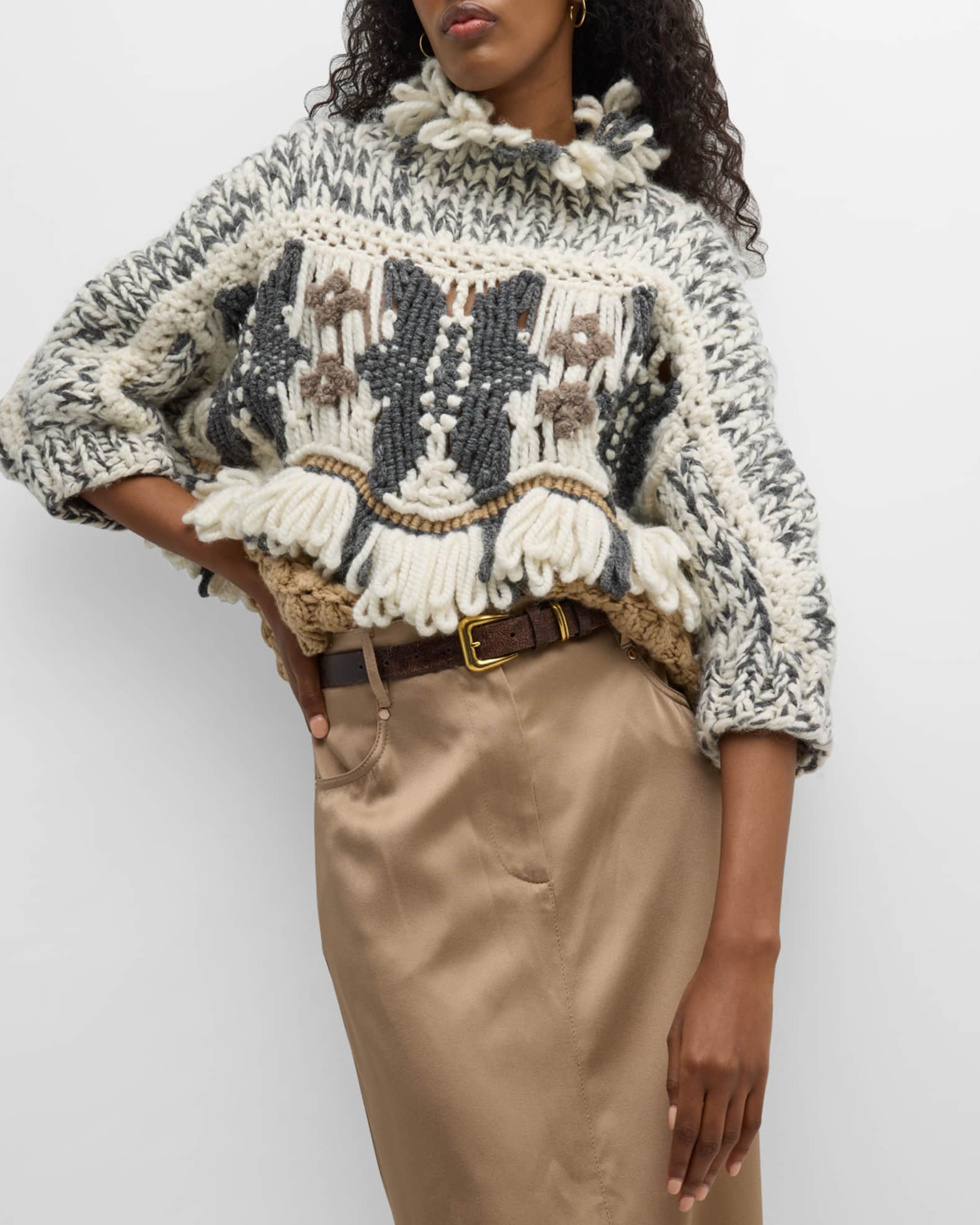 Brunello Cucinelli Cashmere Knit Sweater with Intarsia Macrame Details ...