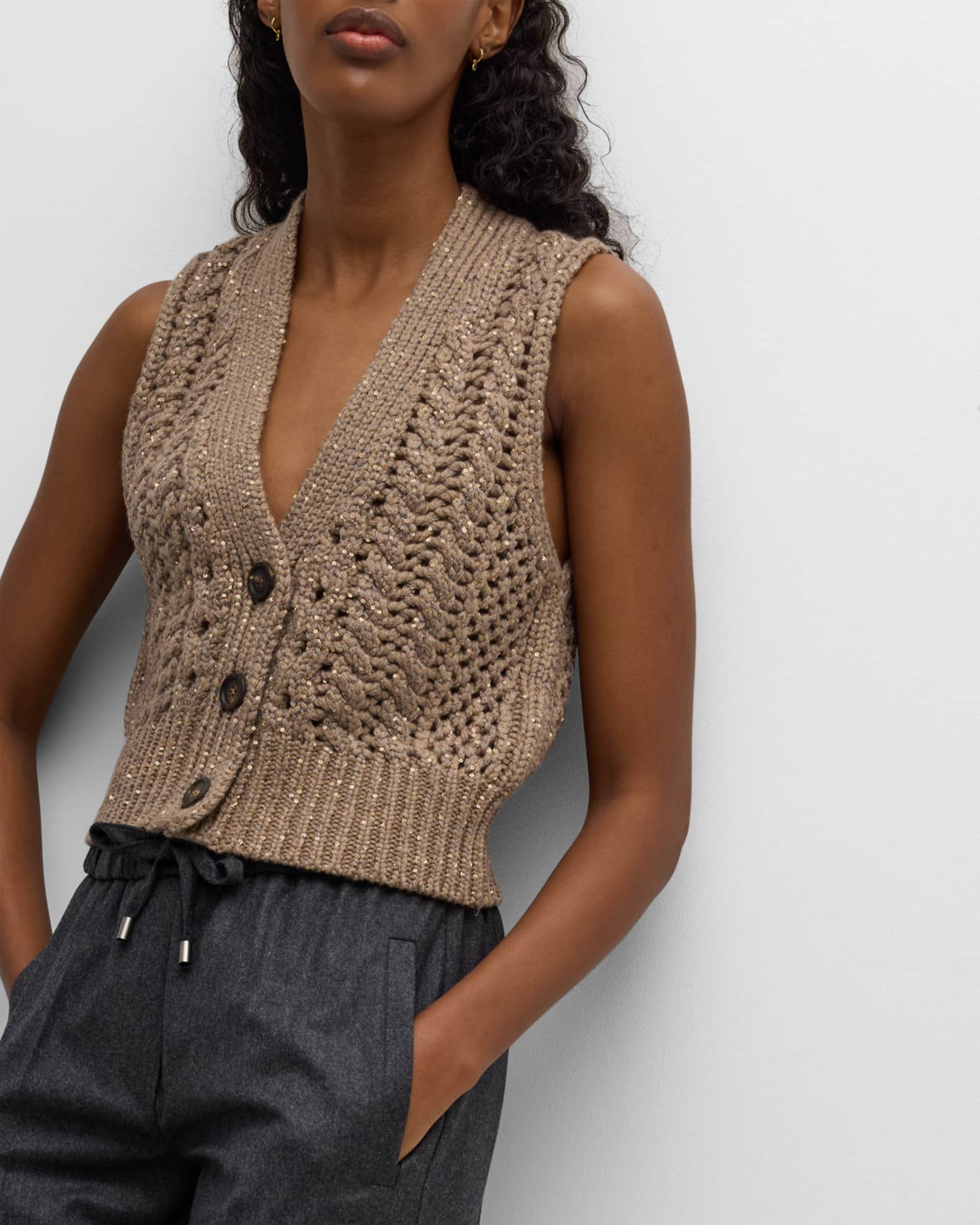 Brunello Cucinelli Micro Paillette Fisherman Stitch Cashmere Sweater ...