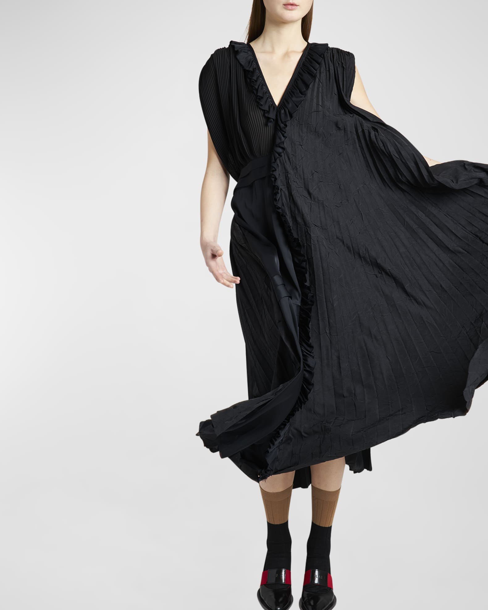 Plan C Pleated Ruffle-Trim Asymmetric Midi Dress | Neiman Marcus