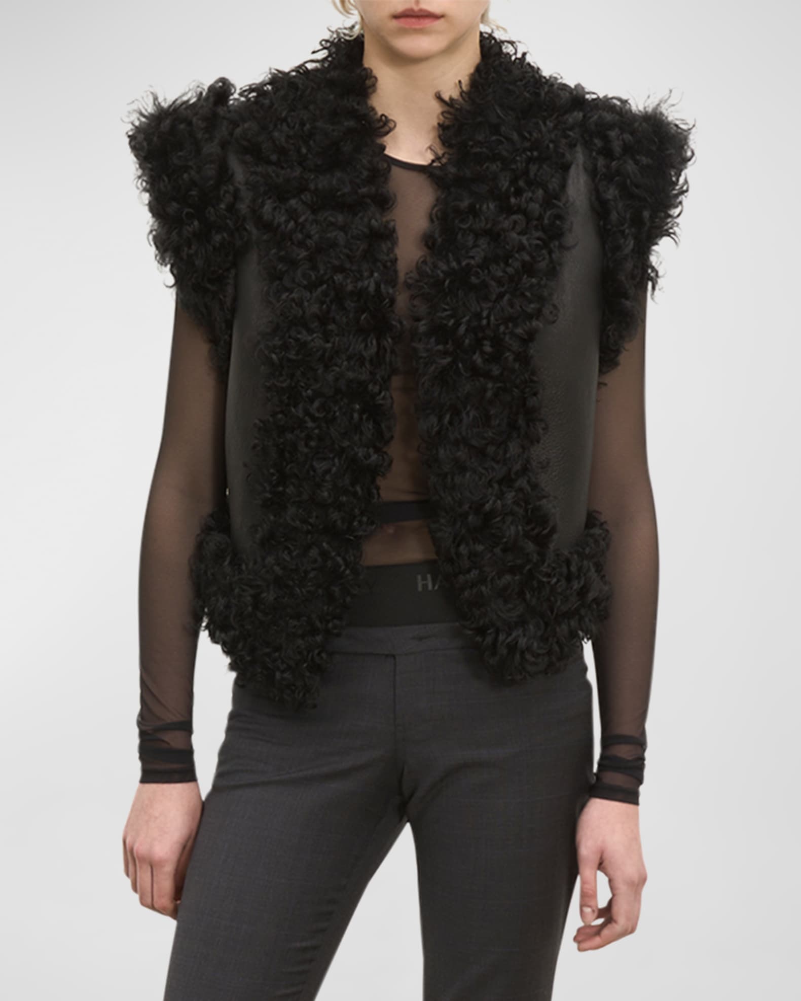 HALFBOY Short Leather Vest with Shearling Trim | Neiman Marcus