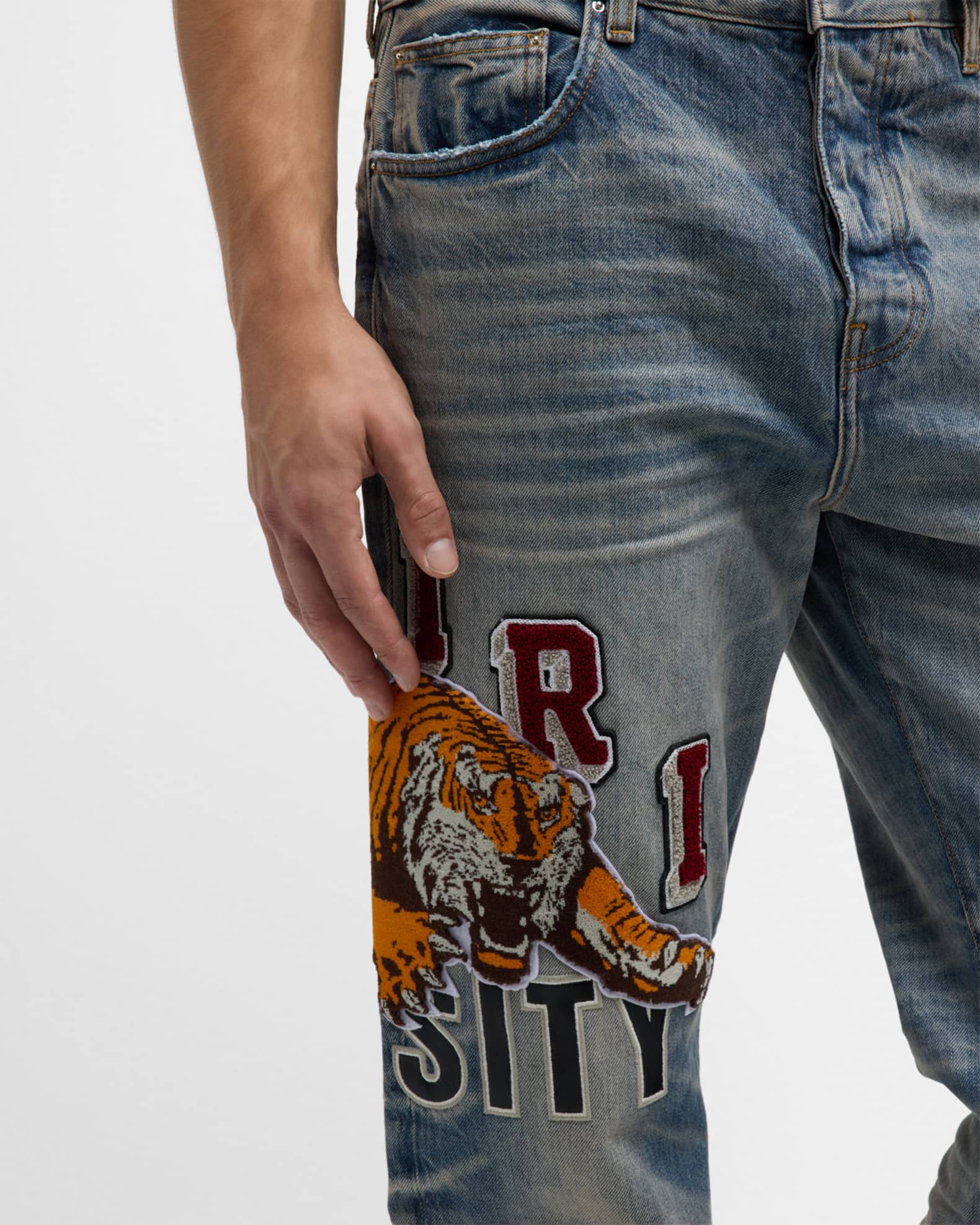 Amiri Men's Faded Varsity Tiger Straight-Leg Jeans | Neiman Marcus