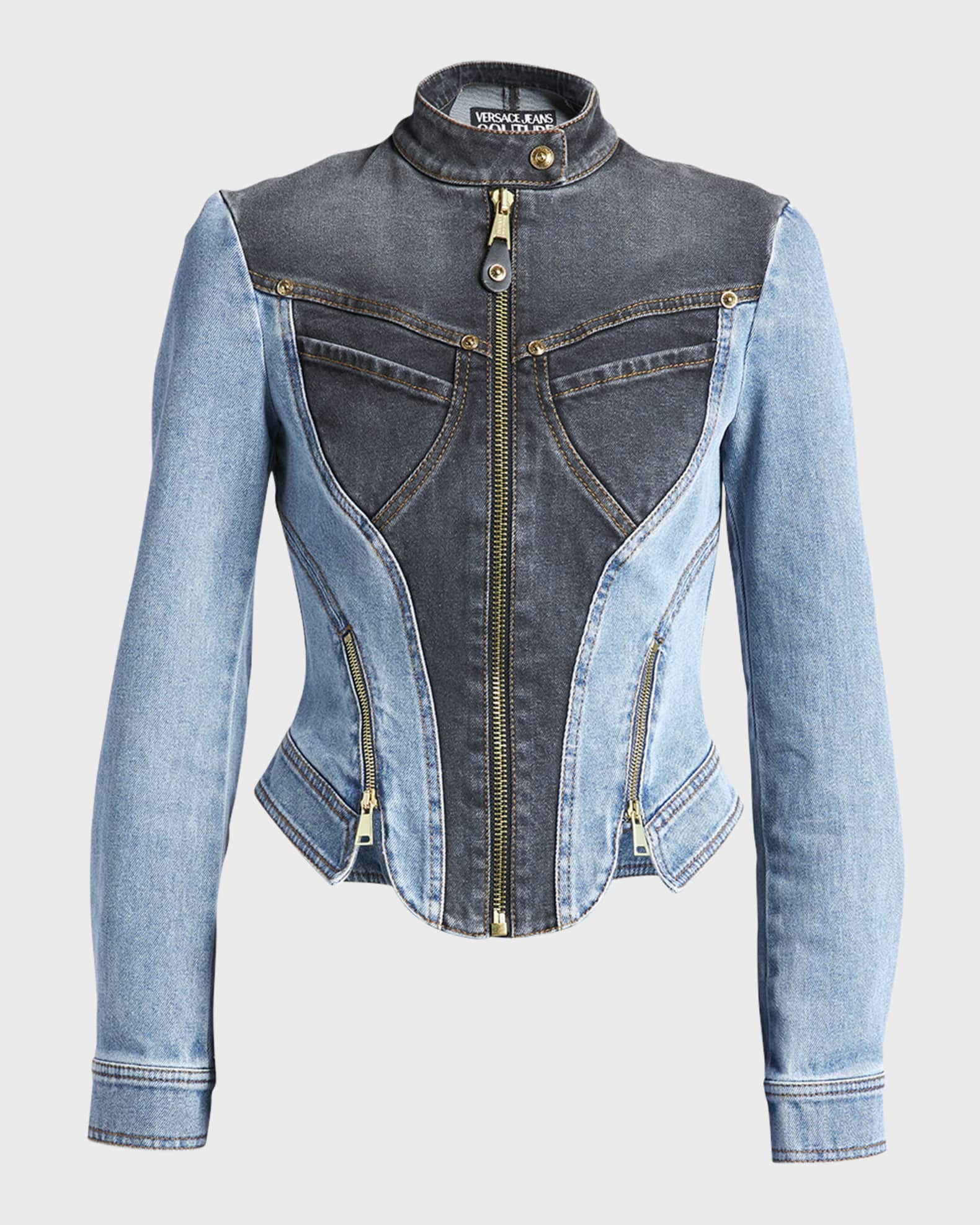 Versace Jeans Couture Two-Tone Zip Front Denim Jacket | Neiman Marcus