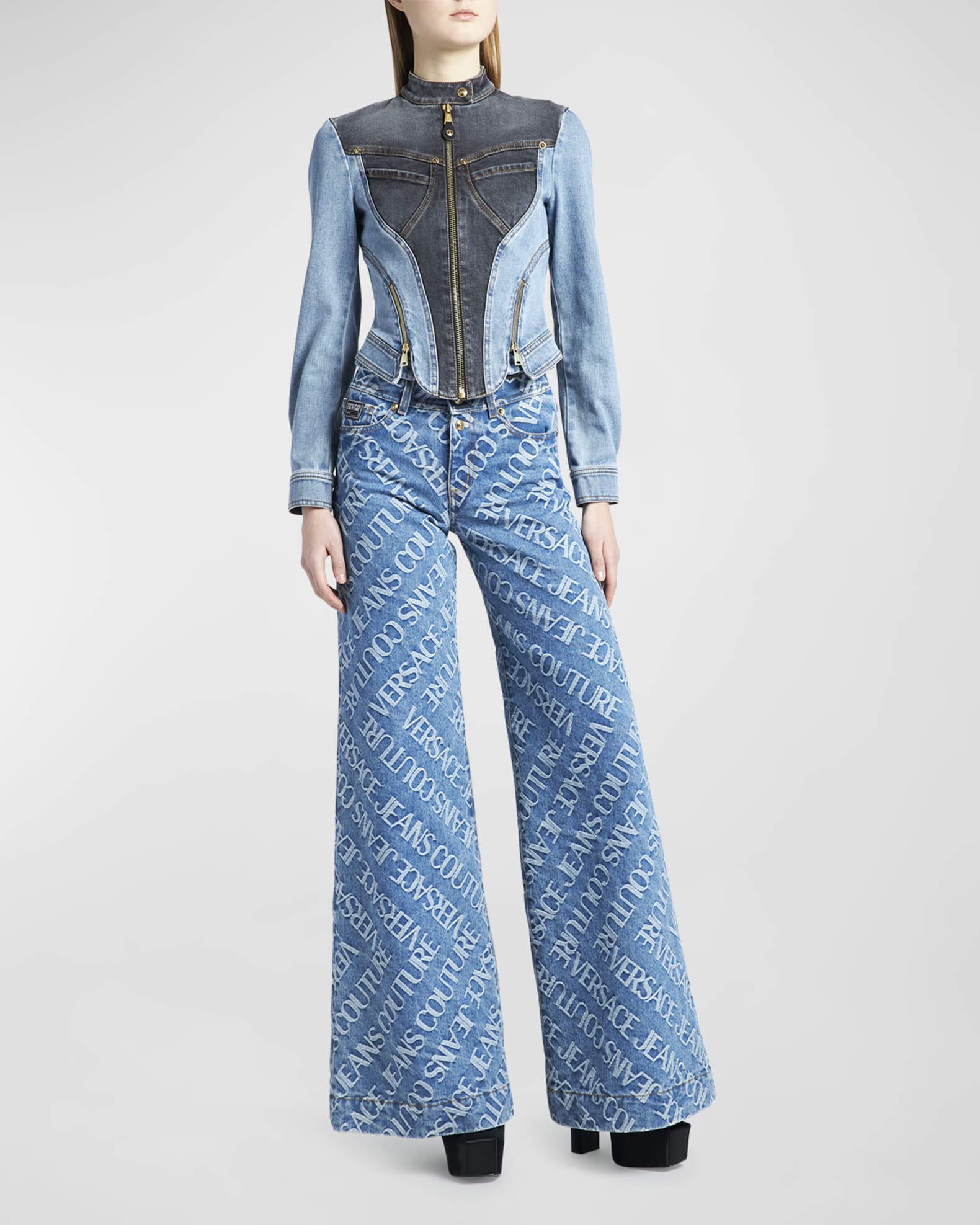 Versace Jeans Couture Two-Tone Zip Front Denim Jacket | Neiman Marcus