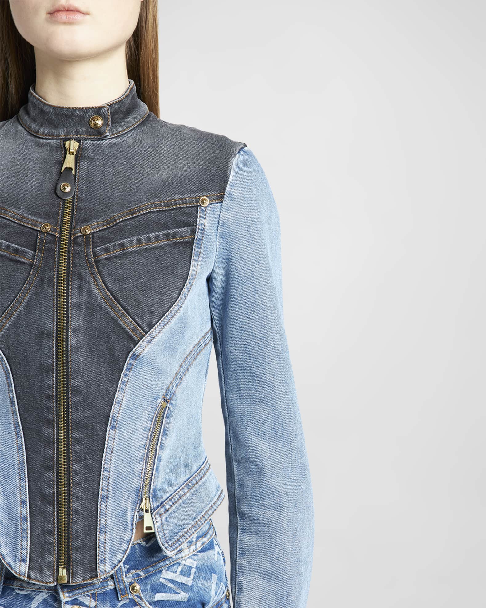 Versace Jeans Couture Two-Tone Zip Front Denim Jacket | Neiman Marcus