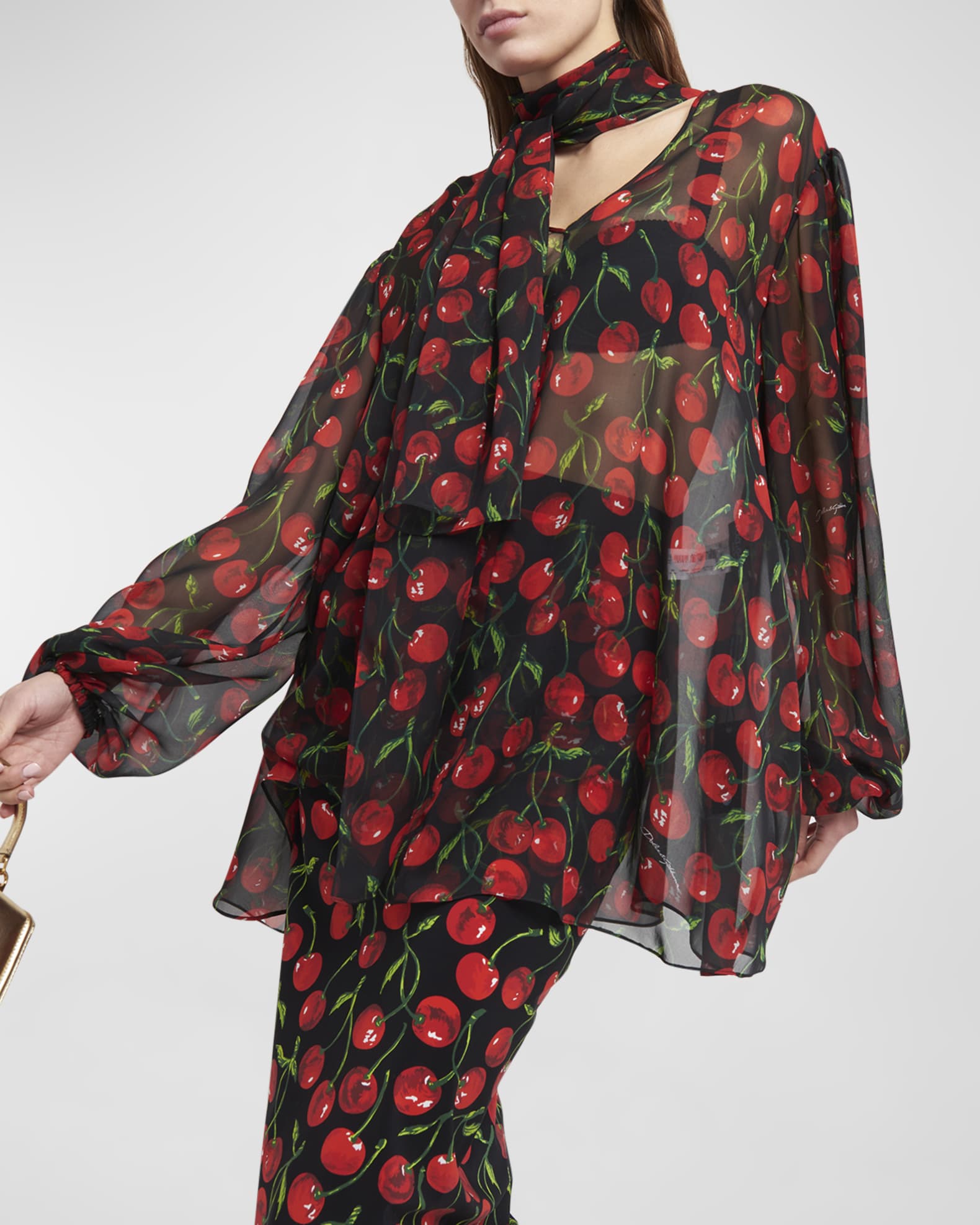 Dolce&Gabbana Cherry Chiffon Blouse with with Tie Neck | Neiman Marcus