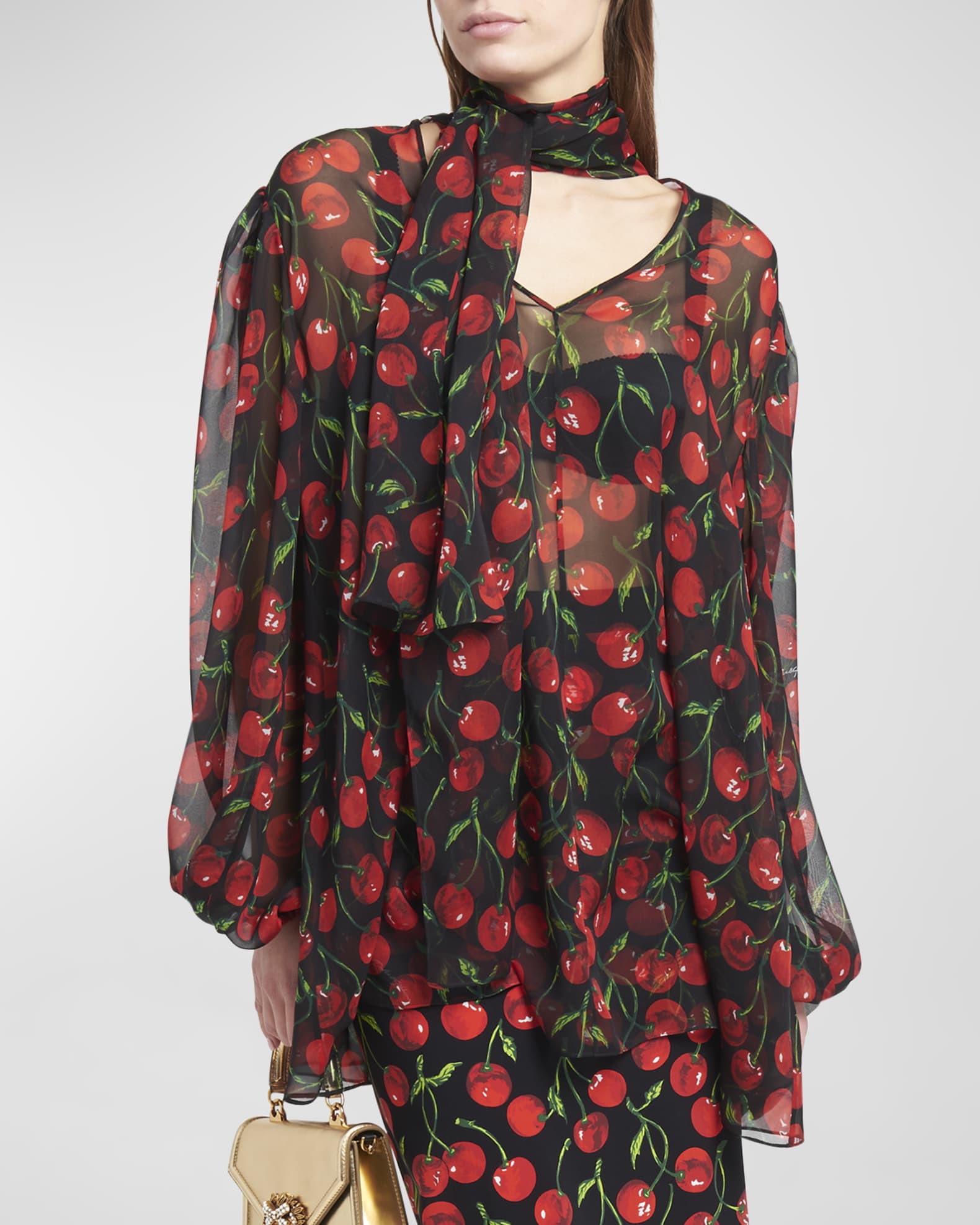 Dolce&Gabbana Cherry Chiffon Blouse with with Tie Neck | Neiman Marcus