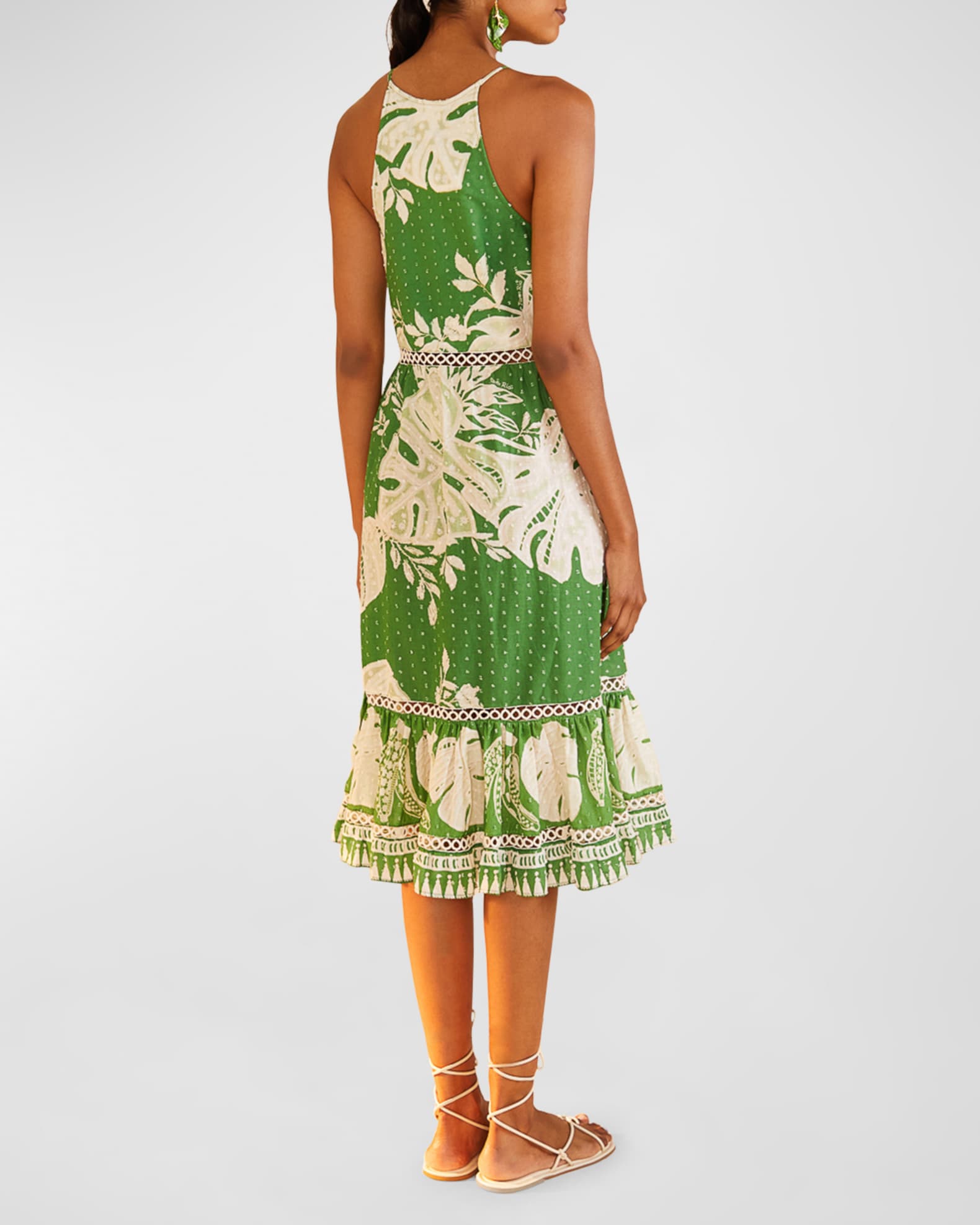 Farm Rio Lace Monsteras Embroidered Ruffle-Hem Midi Dress | Neiman Marcus