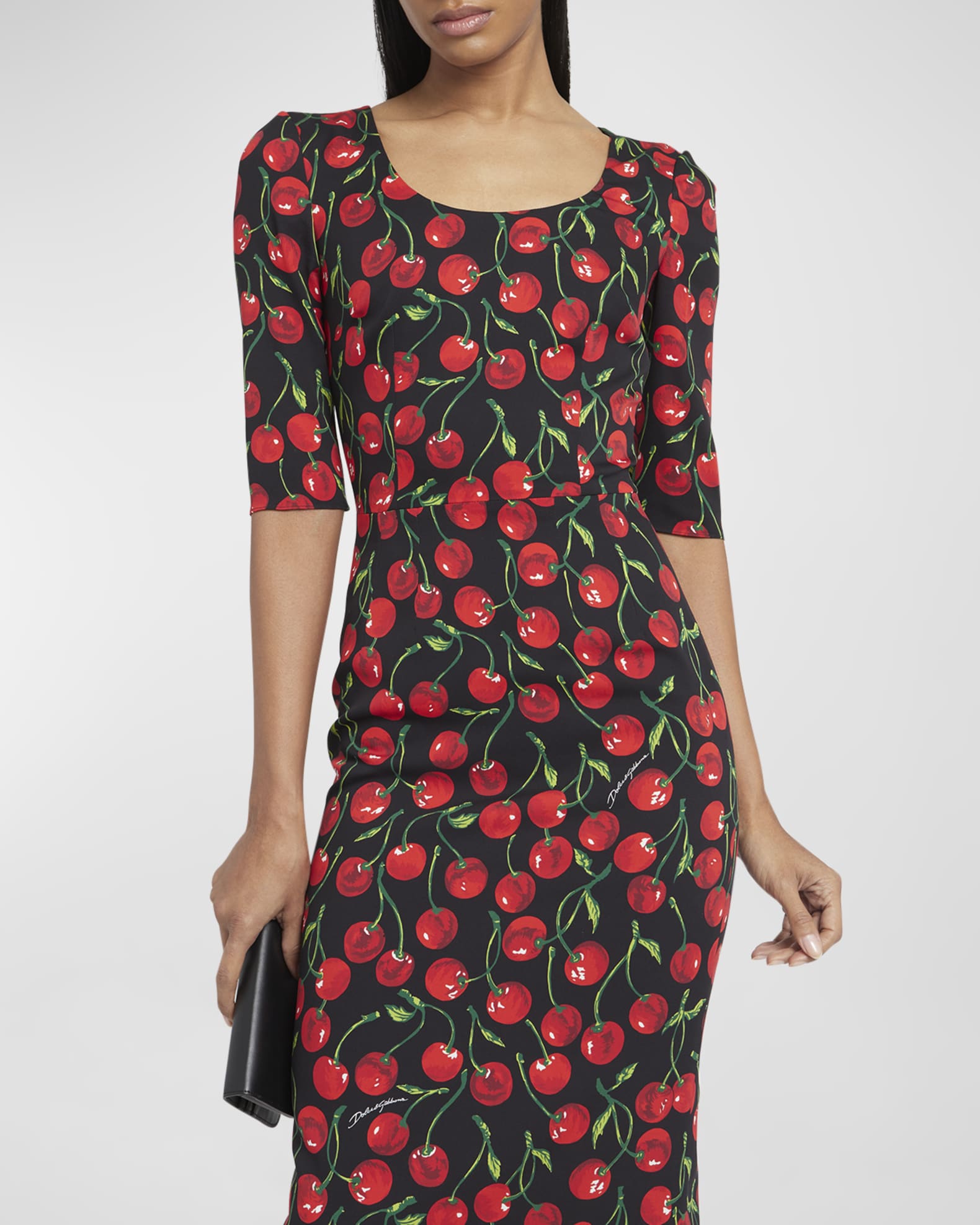 Dolce&Gabbana Cherry Print Elbow-Sleeve Midi Dress | Neiman Marcus