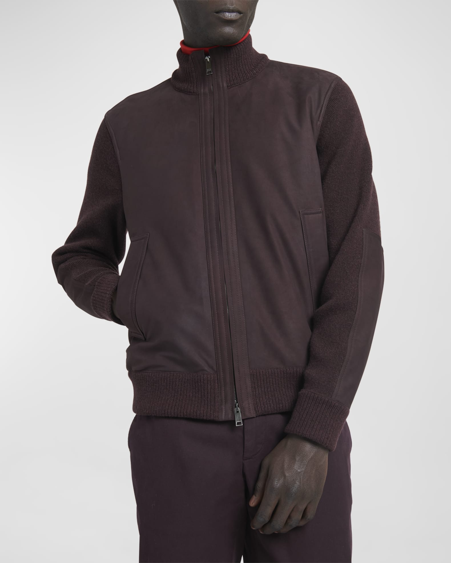 ZEGNA Men's Nubuck Leather Knit Blouson Jacket | Neiman Marcus