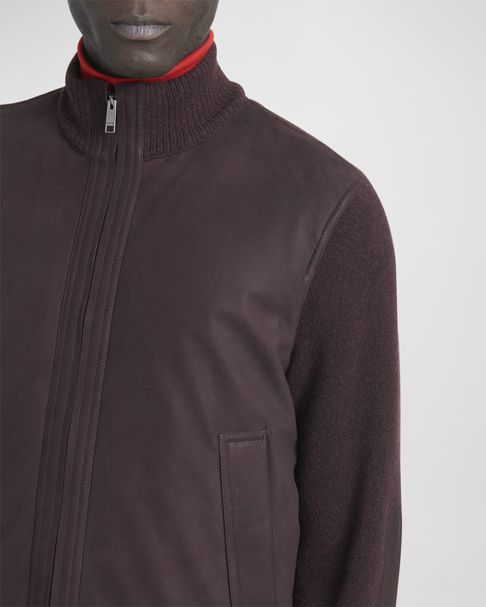 ZEGNA Men's Nubuck Leather Knit Blouson Jacket | Neiman Marcus
