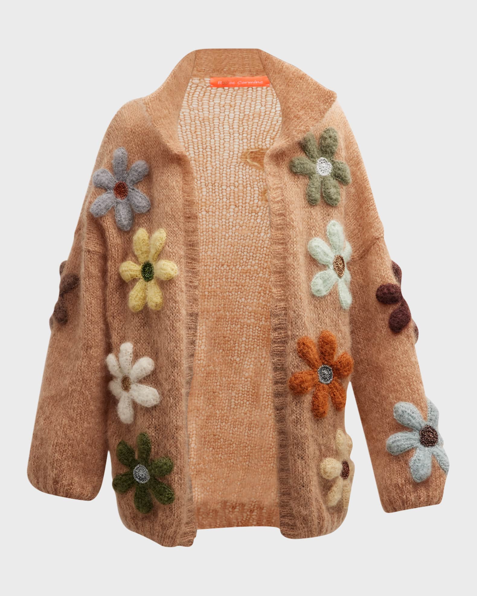 ROSE CARMINE Open-Front Floral Knit Cardigan | Neiman Marcus
