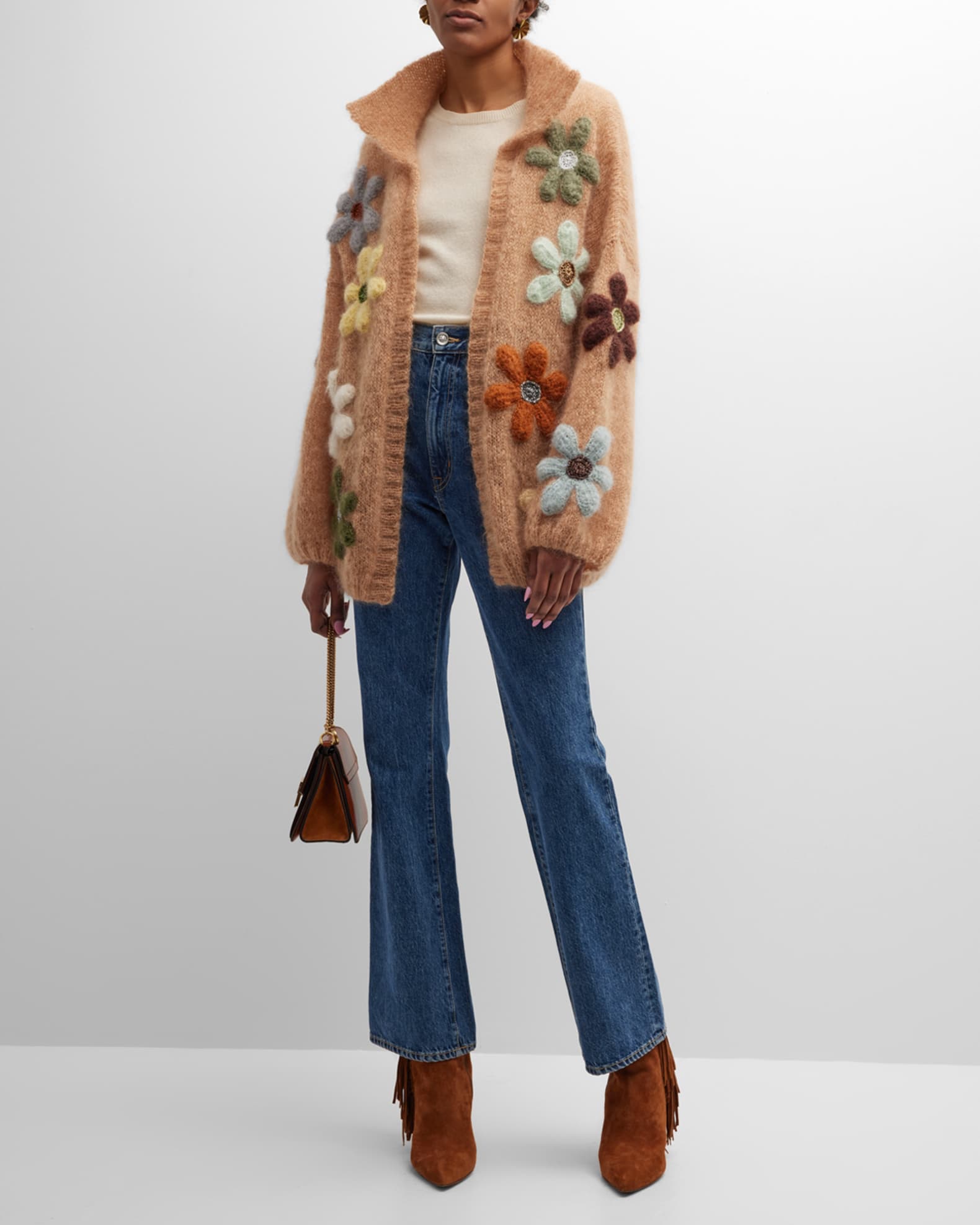 ROSE CARMINE Open-Front Floral Knit Cardigan | Neiman Marcus