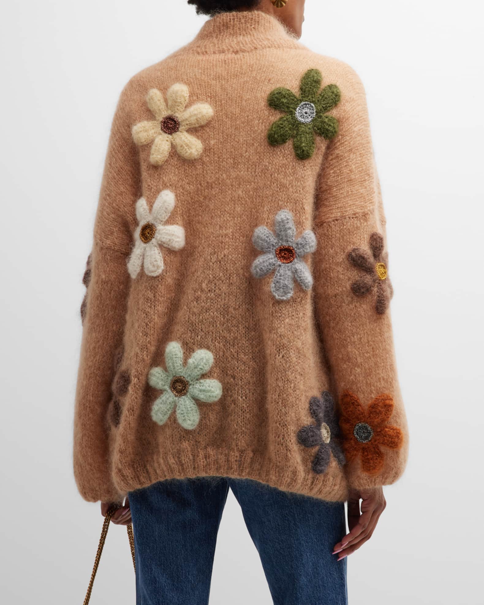 ROSE CARMINE Open-Front Floral Knit Cardigan | Neiman Marcus
