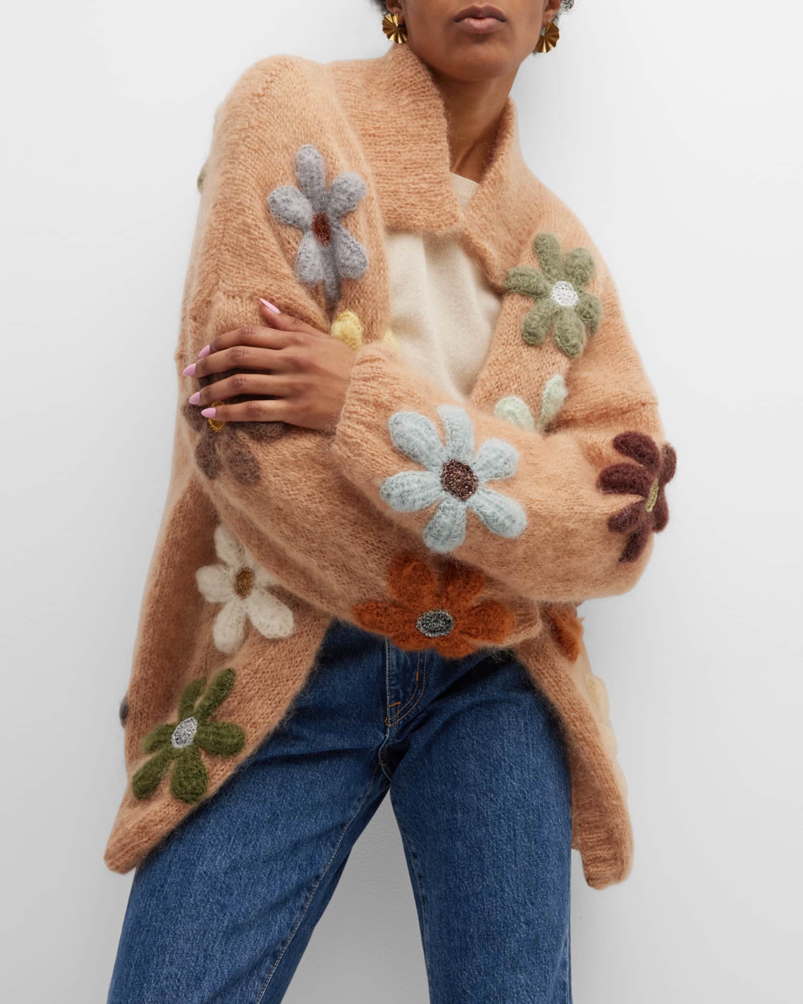 ROSE CARMINE Open-Front Floral Knit Cardigan | Neiman Marcus