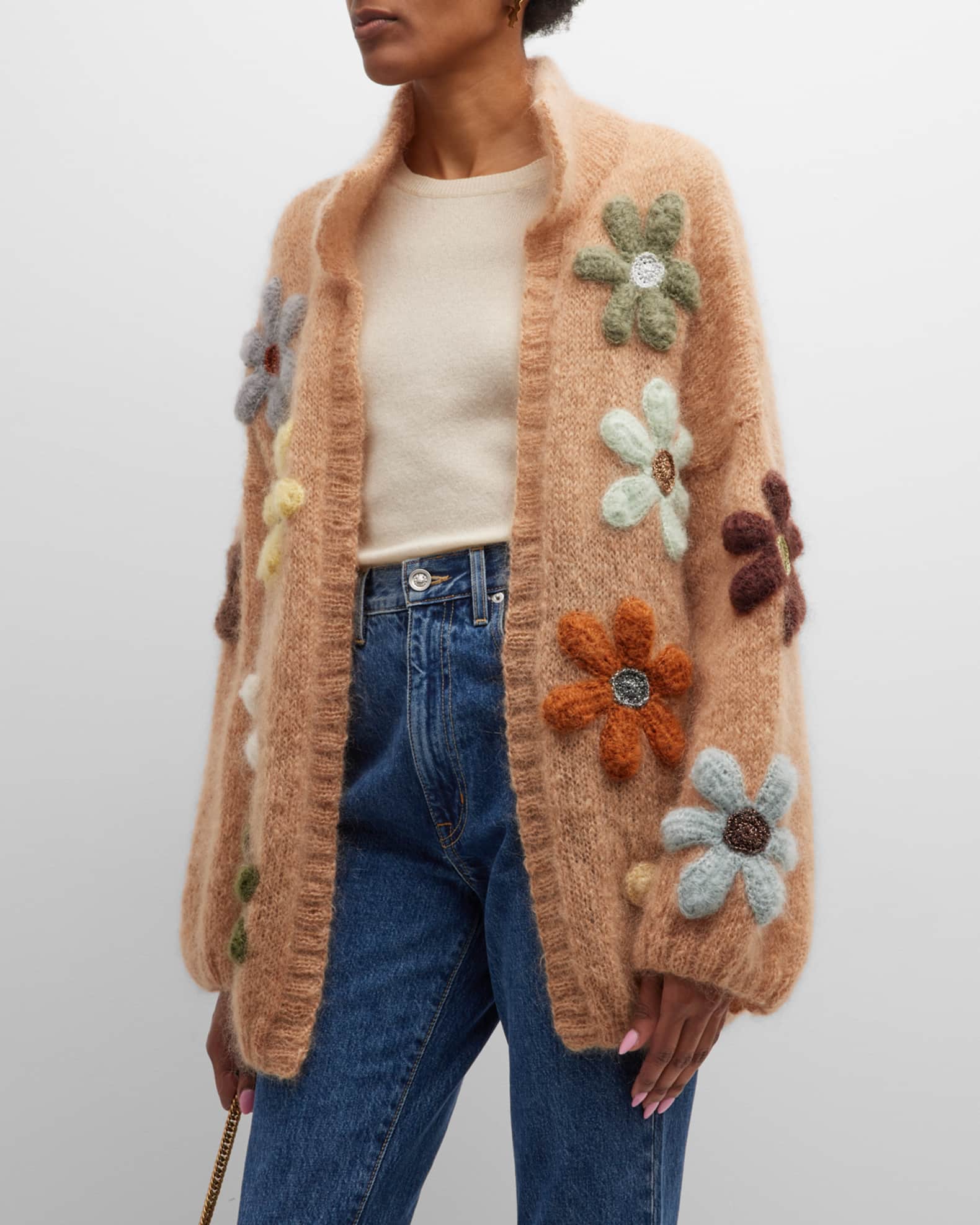 ROSE CARMINE Open-Front Floral Knit Cardigan | Neiman Marcus