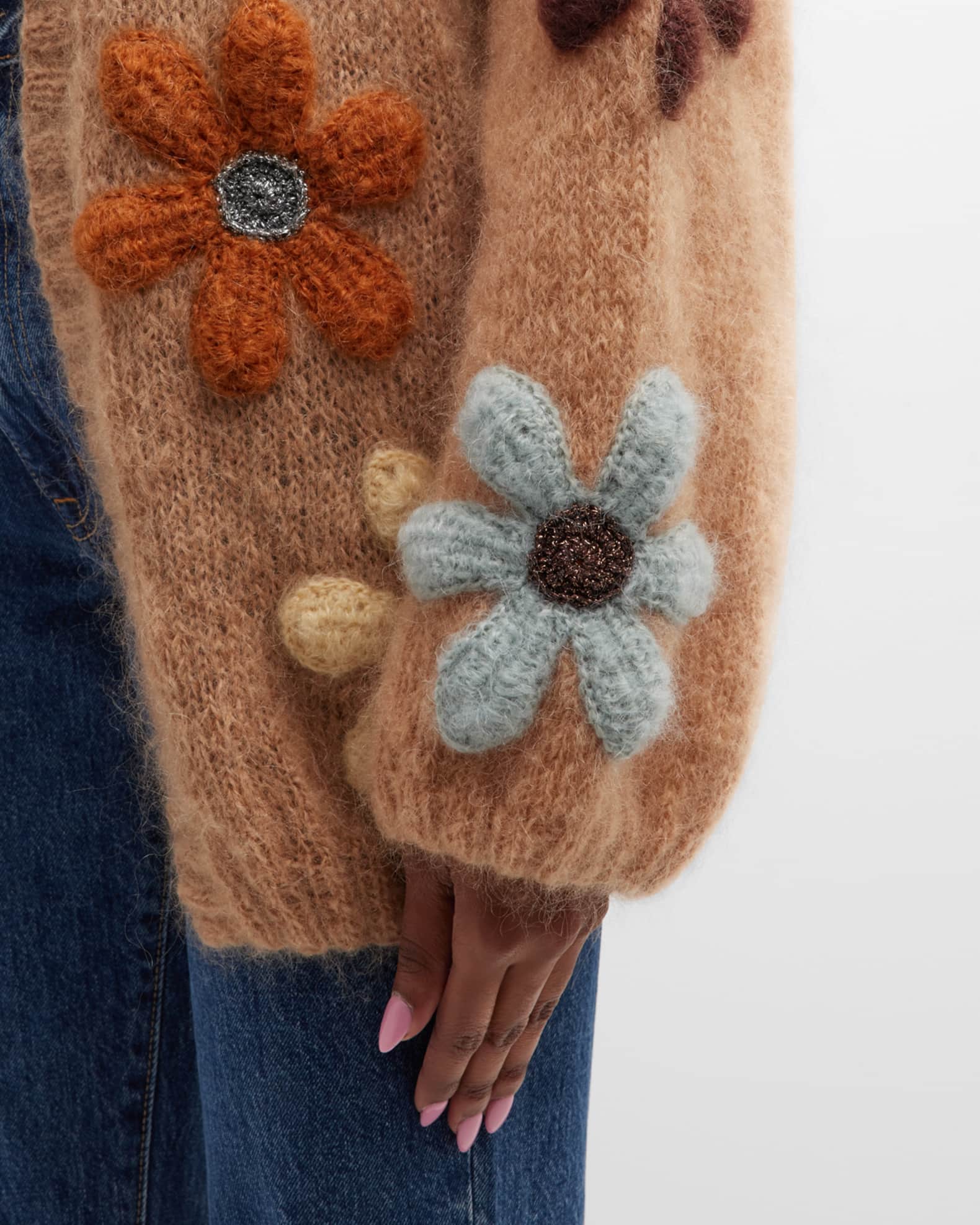 ROSE CARMINE Open-Front Floral Knit Cardigan | Neiman Marcus